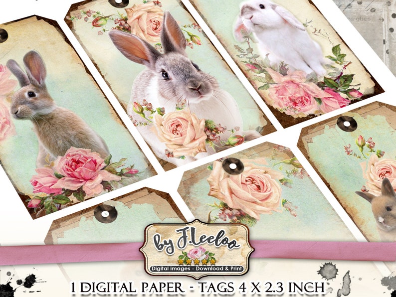 HAPPY BUNNIES Easter Tags Digital Shabby Chic Jewelry Holder Roses ...