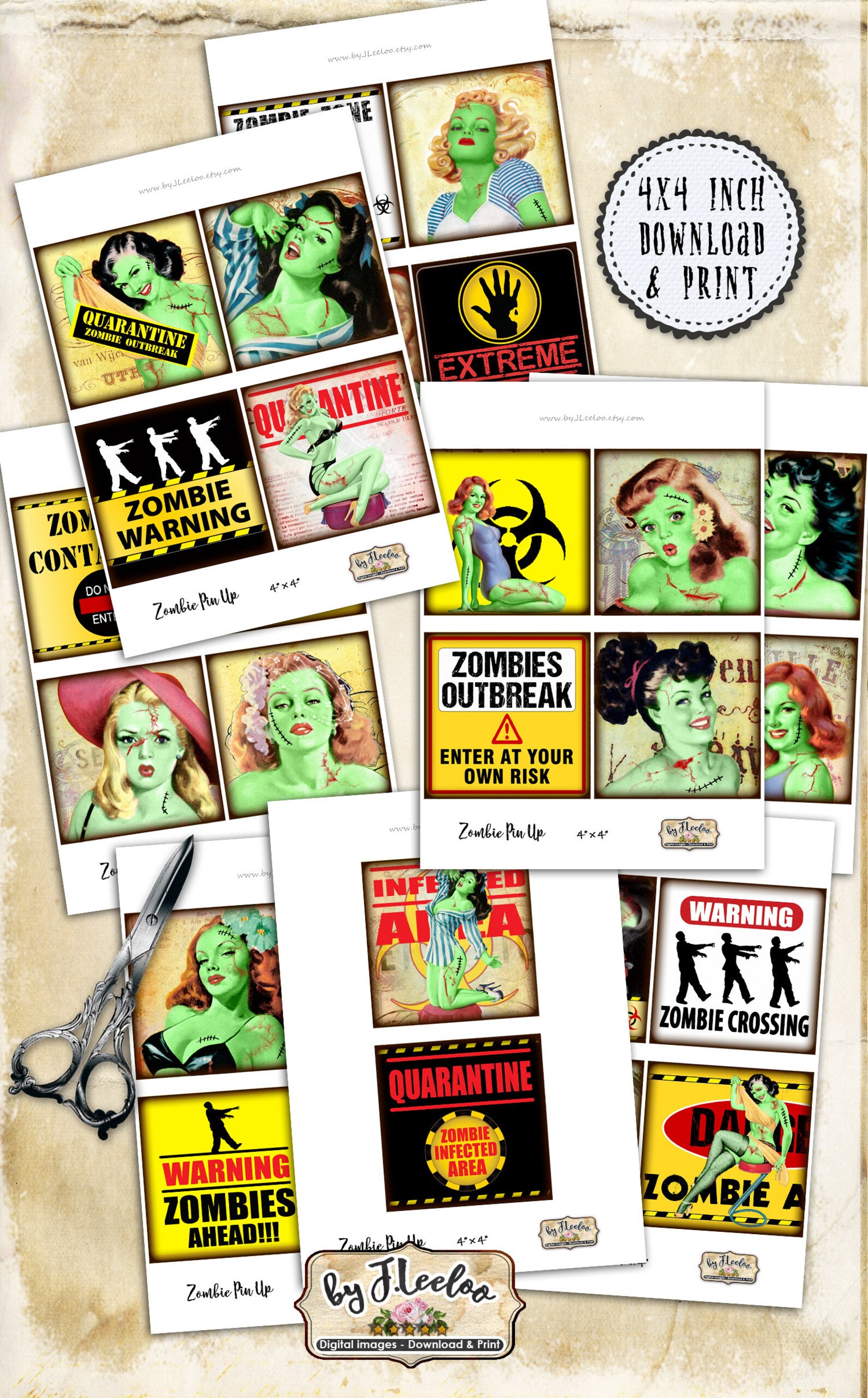 ZOMBIES PIN UP 4x4 Inch Square Printable Apocalypse Walking - Etsy