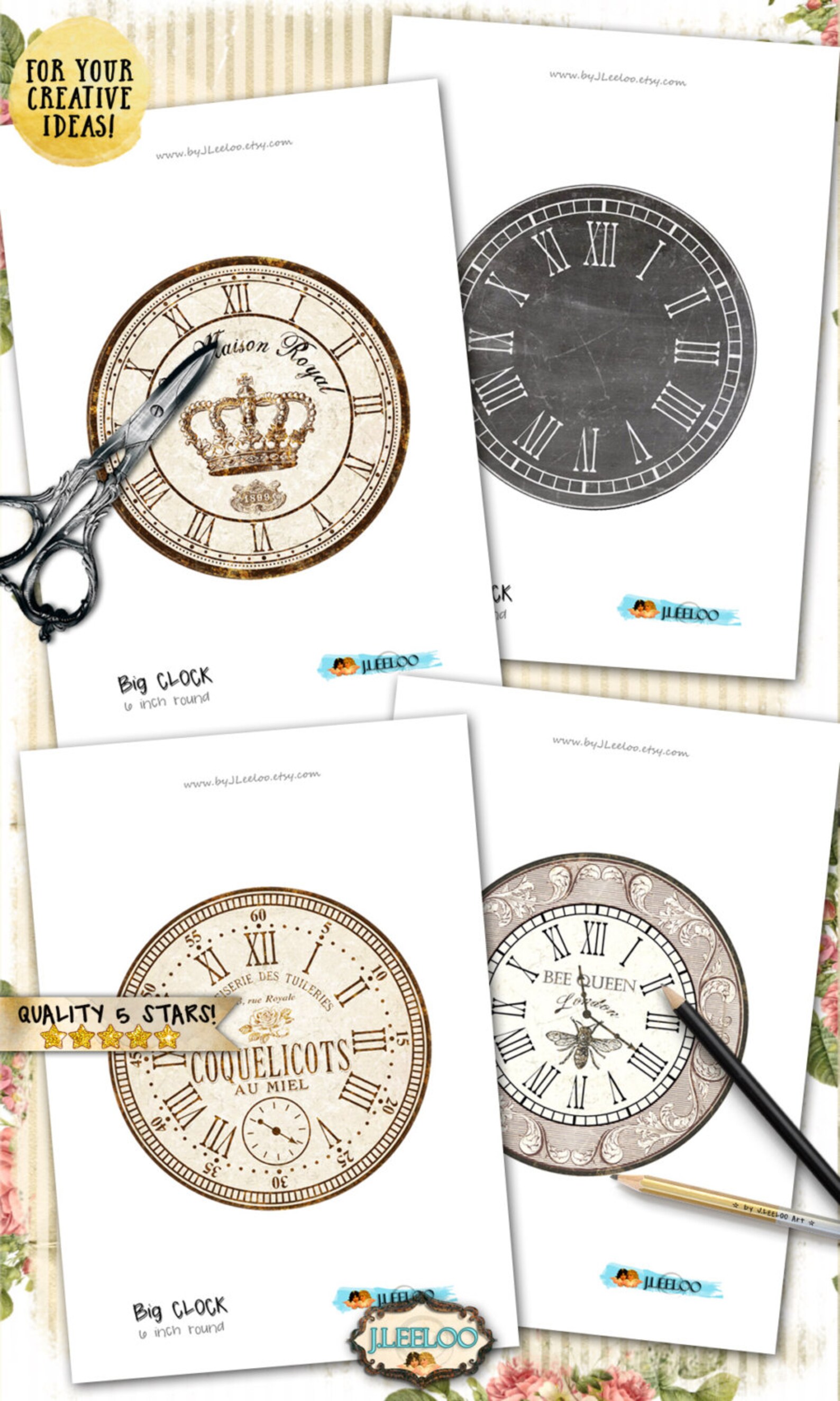 BIG CLOCK 6 Inch Circle Home Decor Jpeg Clipart Vintage - Etsy