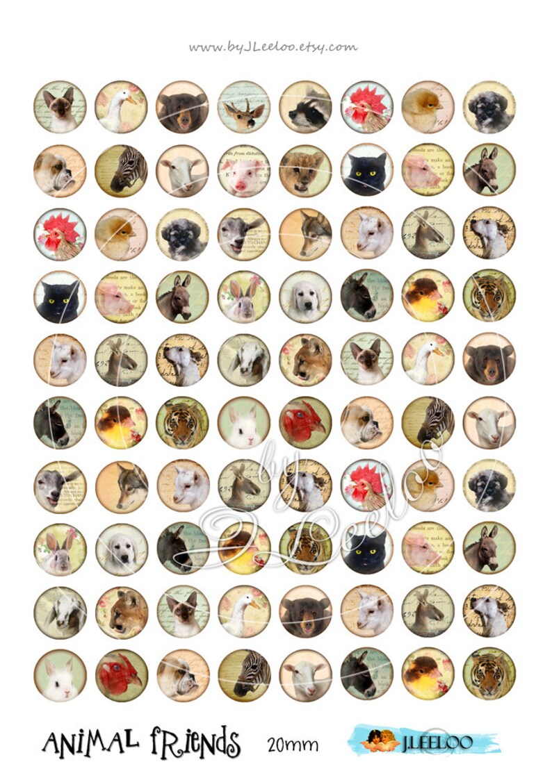 ANIMAL FRIENDS images Digital printable 12 16 20mm circle | Etsy