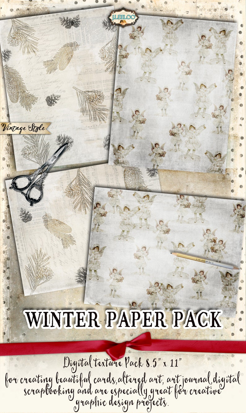 WINTER PAPER PACK Vintage Holidays Digital Collage Sheet Black White ...