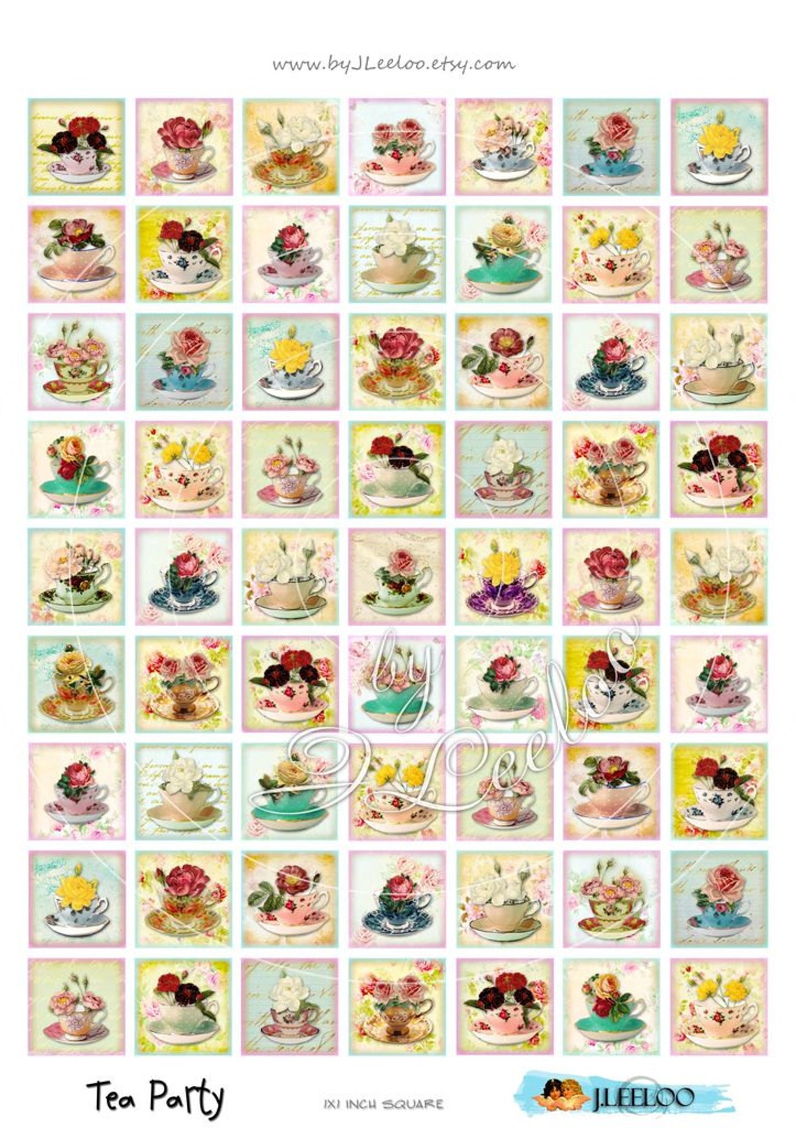 Digital Collage TEA PARTY 1x1 Inch Square Drink Tea Cup Rose - Etsy