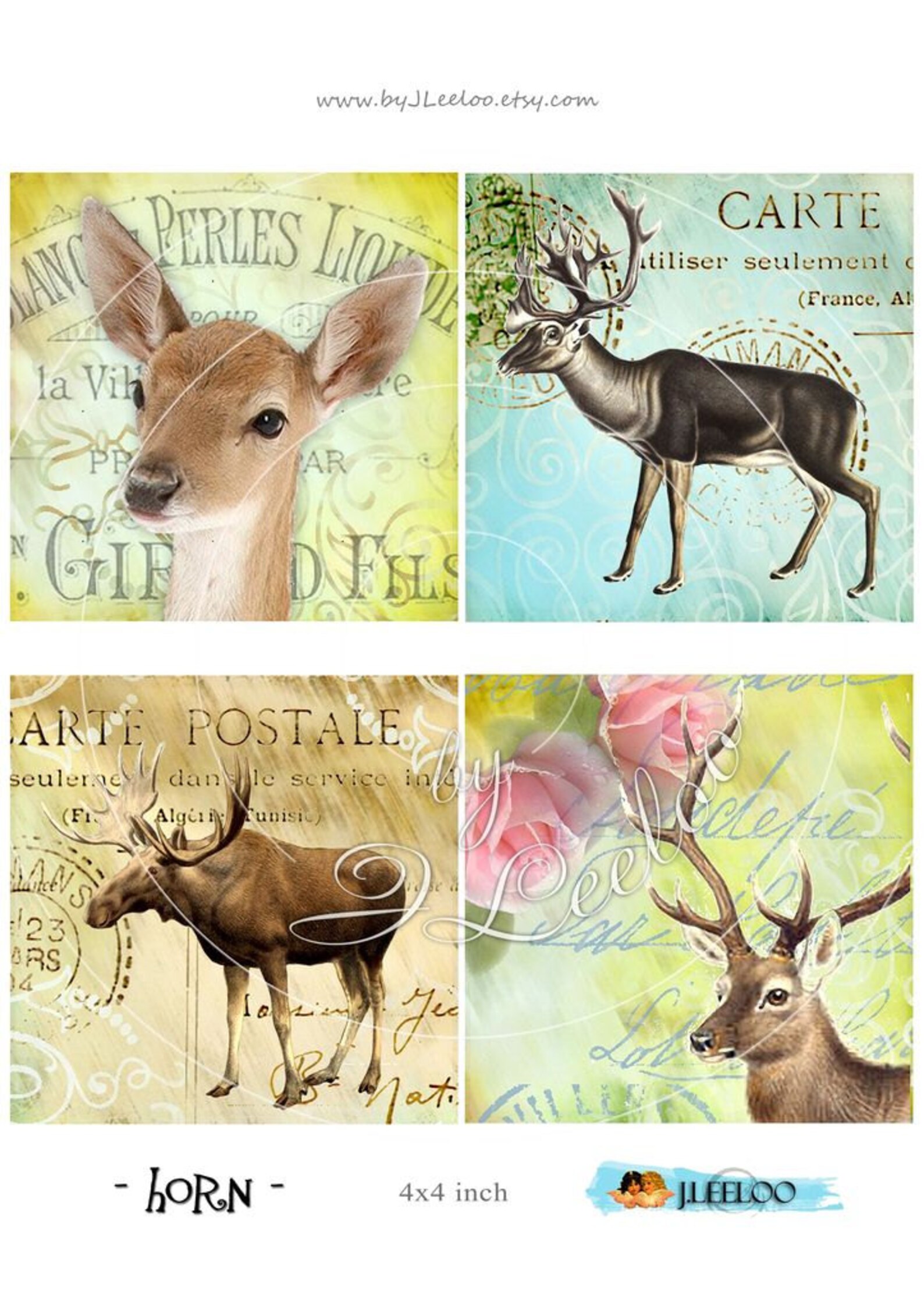 Digitale Collage HORNS 4 x 4 Zoll quadratische Säugetiere rose - Etsy.de