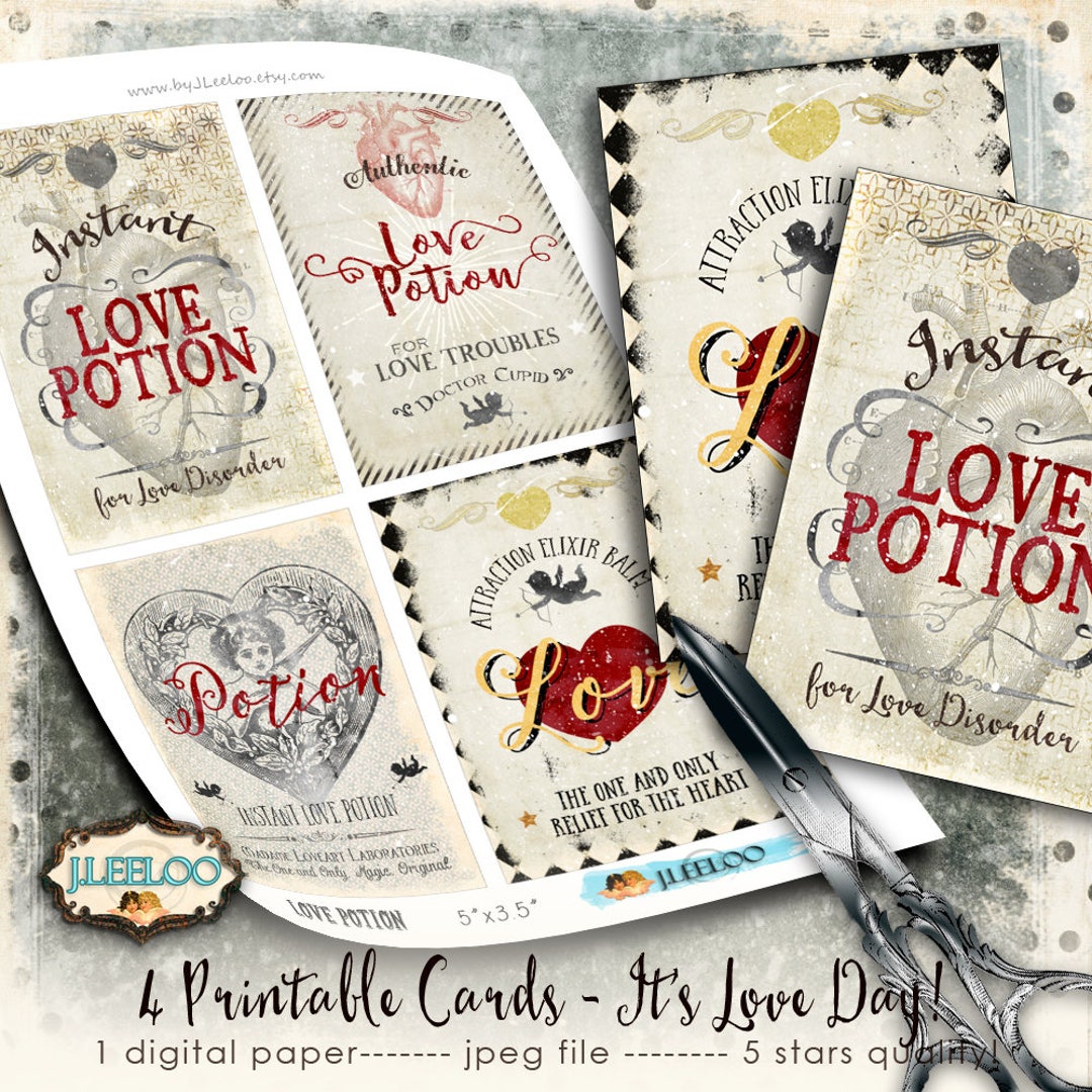 LOVE POTION Vintage Postcard Background Valentine Digital Collage Sheet ...