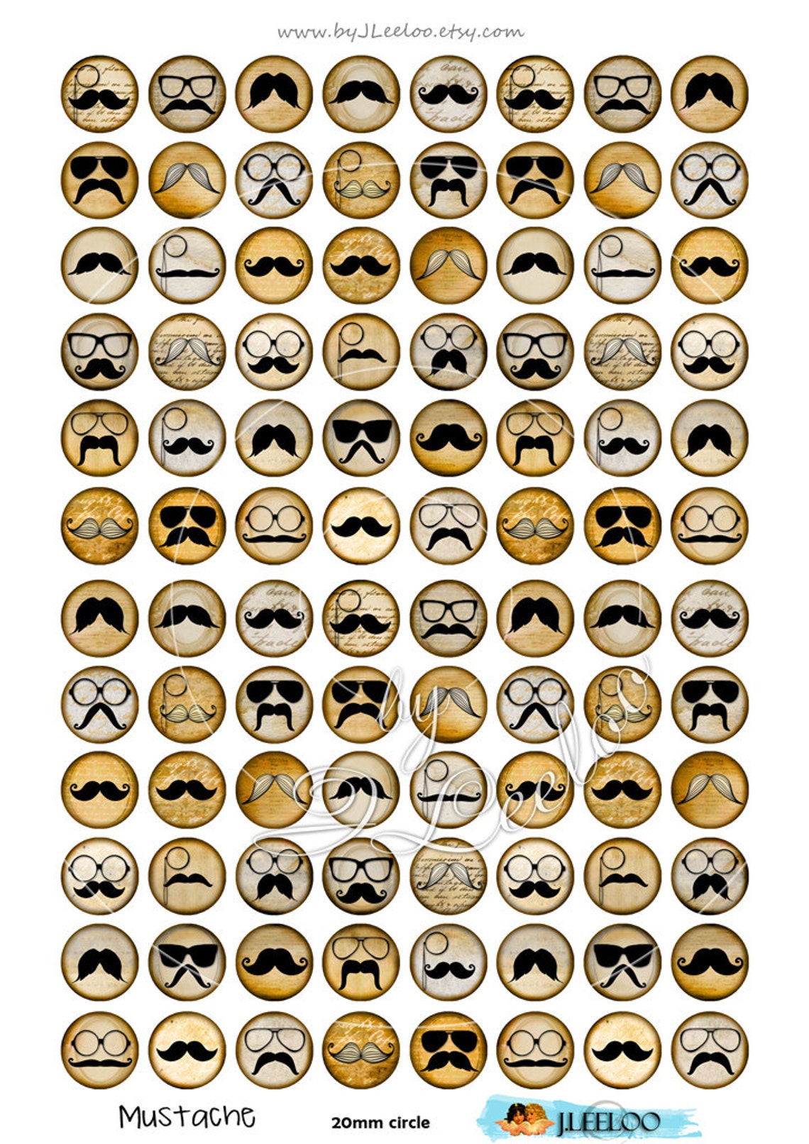 Digital Printable MUSTACHE 12mm 16mm 20mm Circle Vintage | Etsy