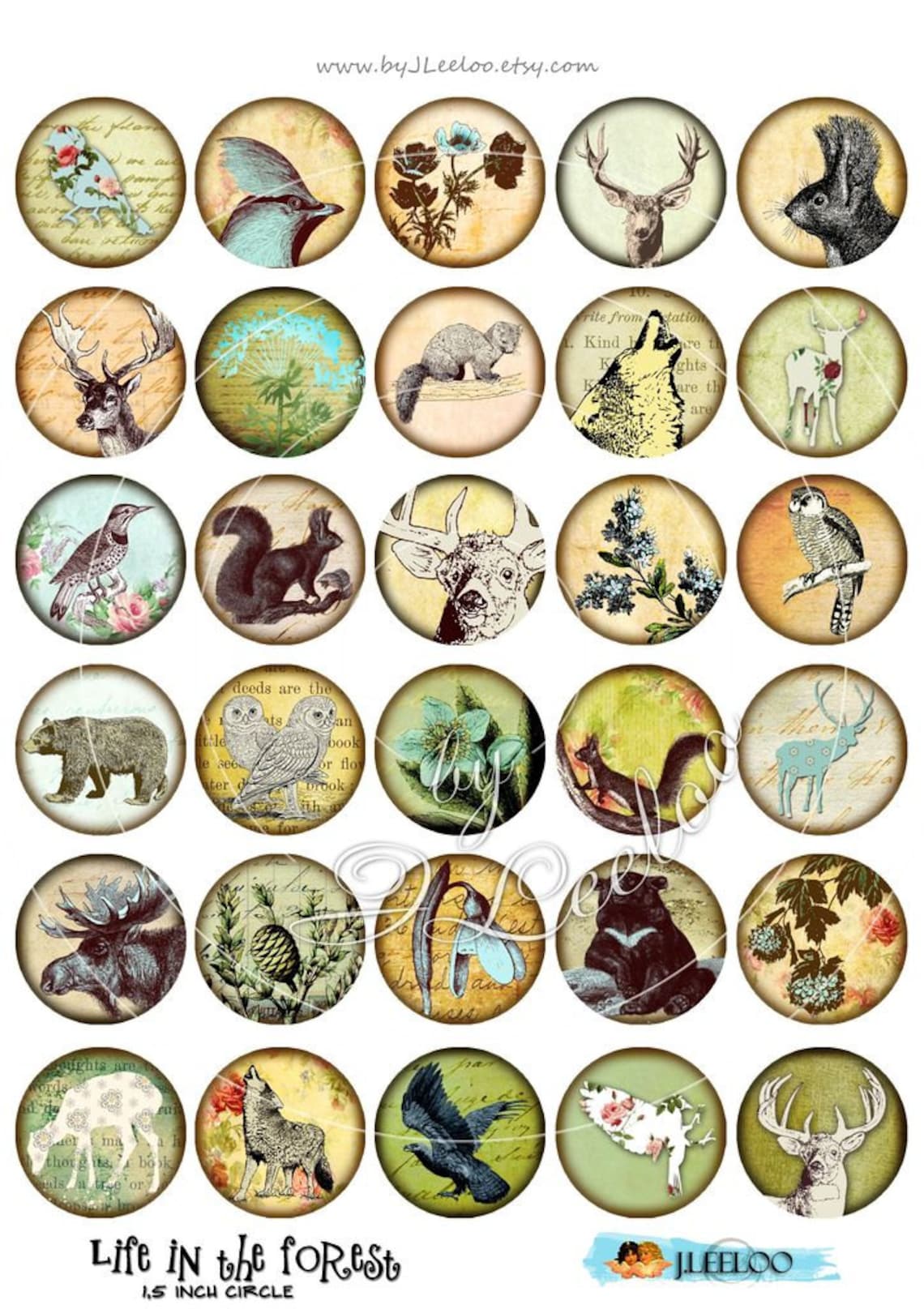 Digital Printable LIFE in the FOREST 1.5 Inch Circle Sheets | Etsy