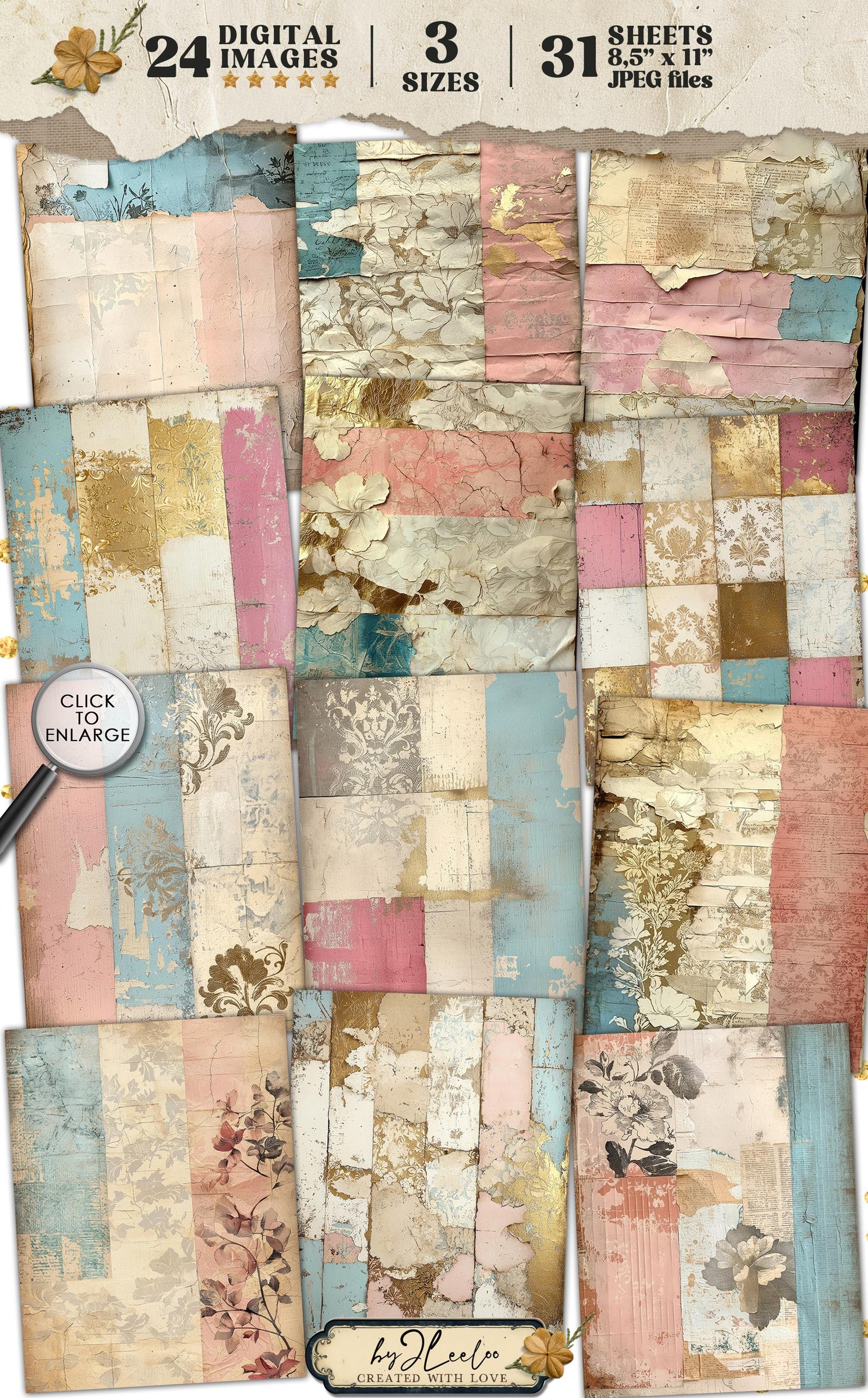 PINK COLLAGE 24 Pastel Background 3 Sizes | Junk Journal Collage Pages ...