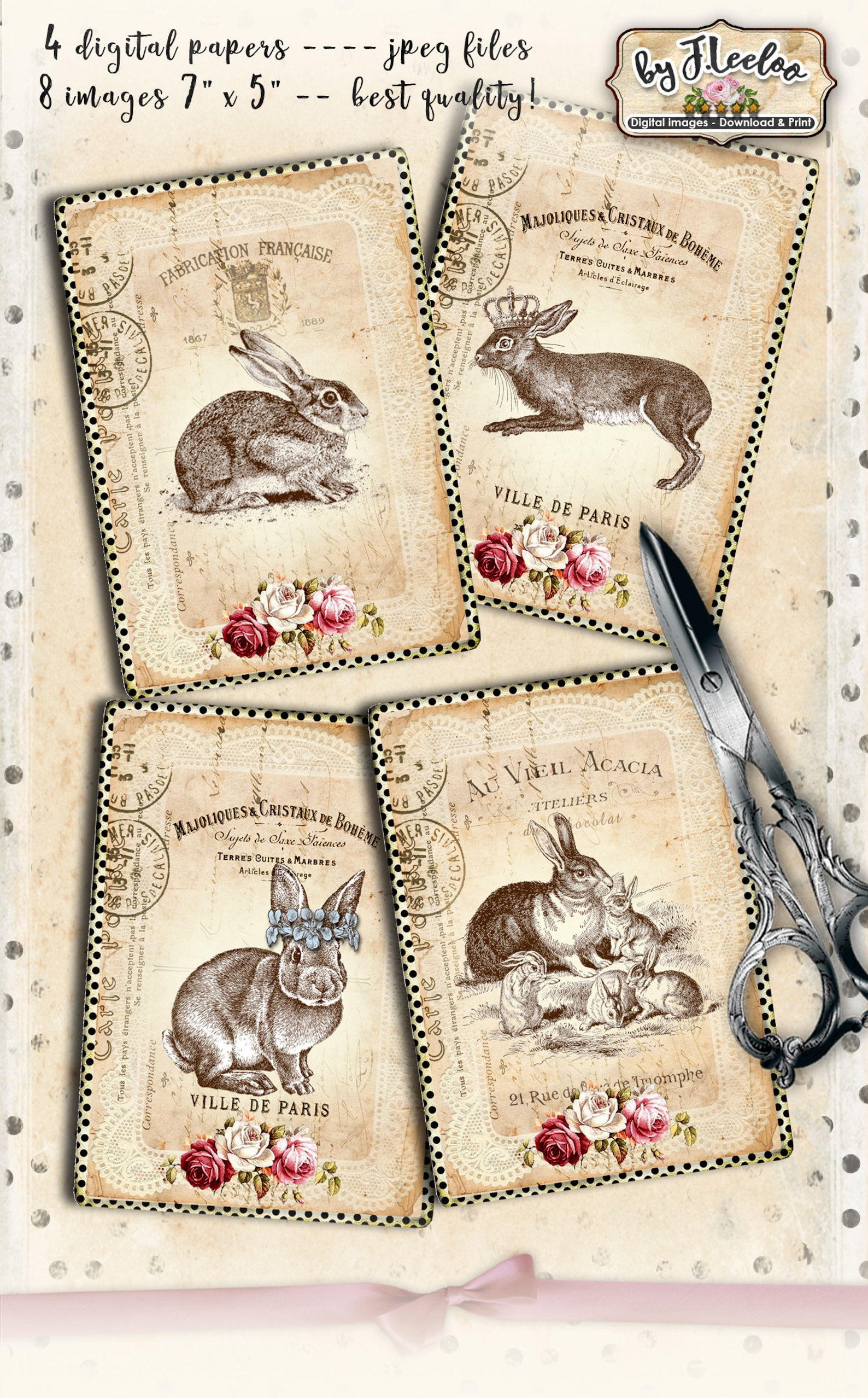 RABBIT POSTCARD Printable Easter Bunny 5x7 Inch Digital Sheet Ephemera ...