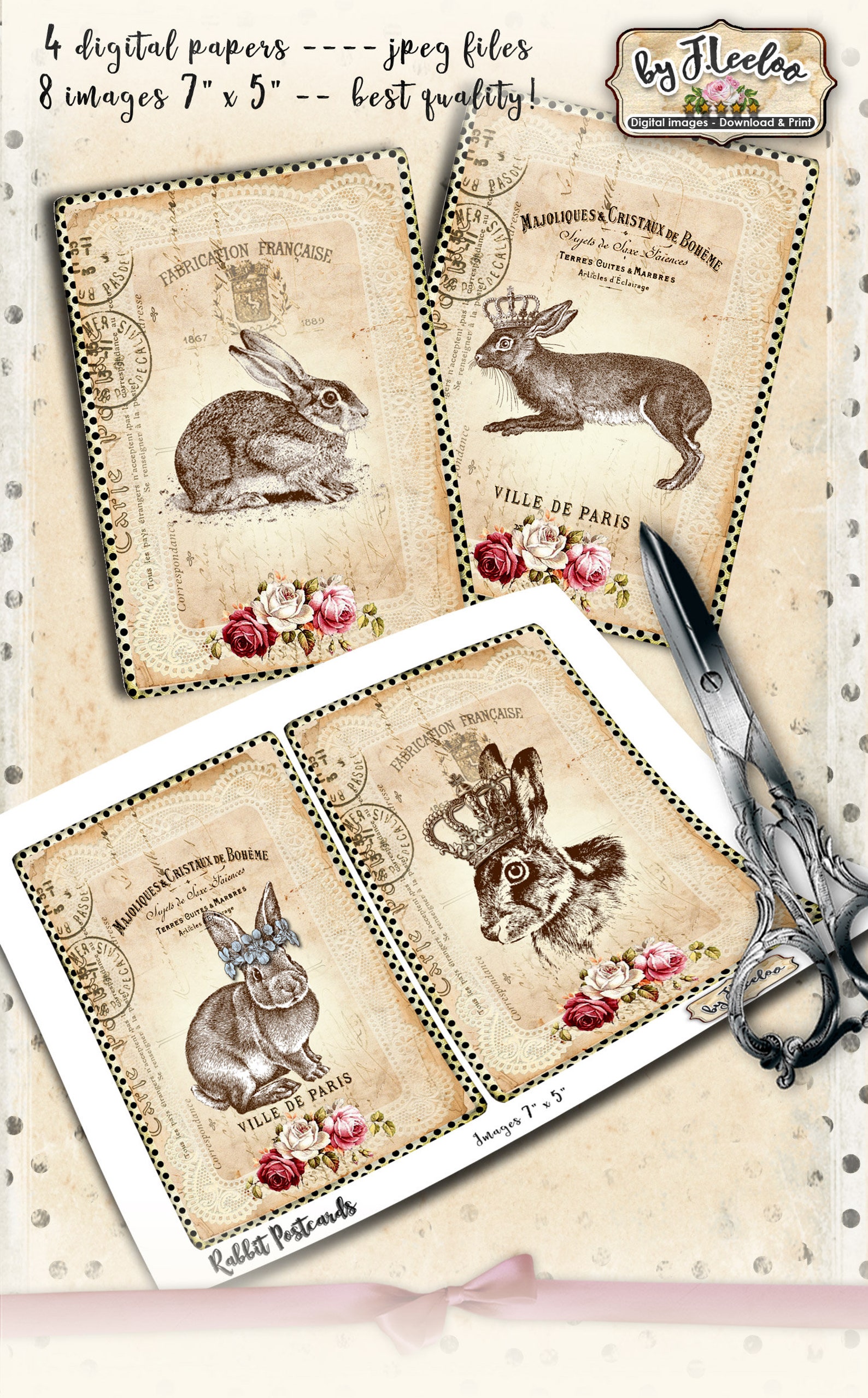 RABBIT POSTCARD Printable Easter Bunny 5x7 Inch Digital Sheet Ephemera ...