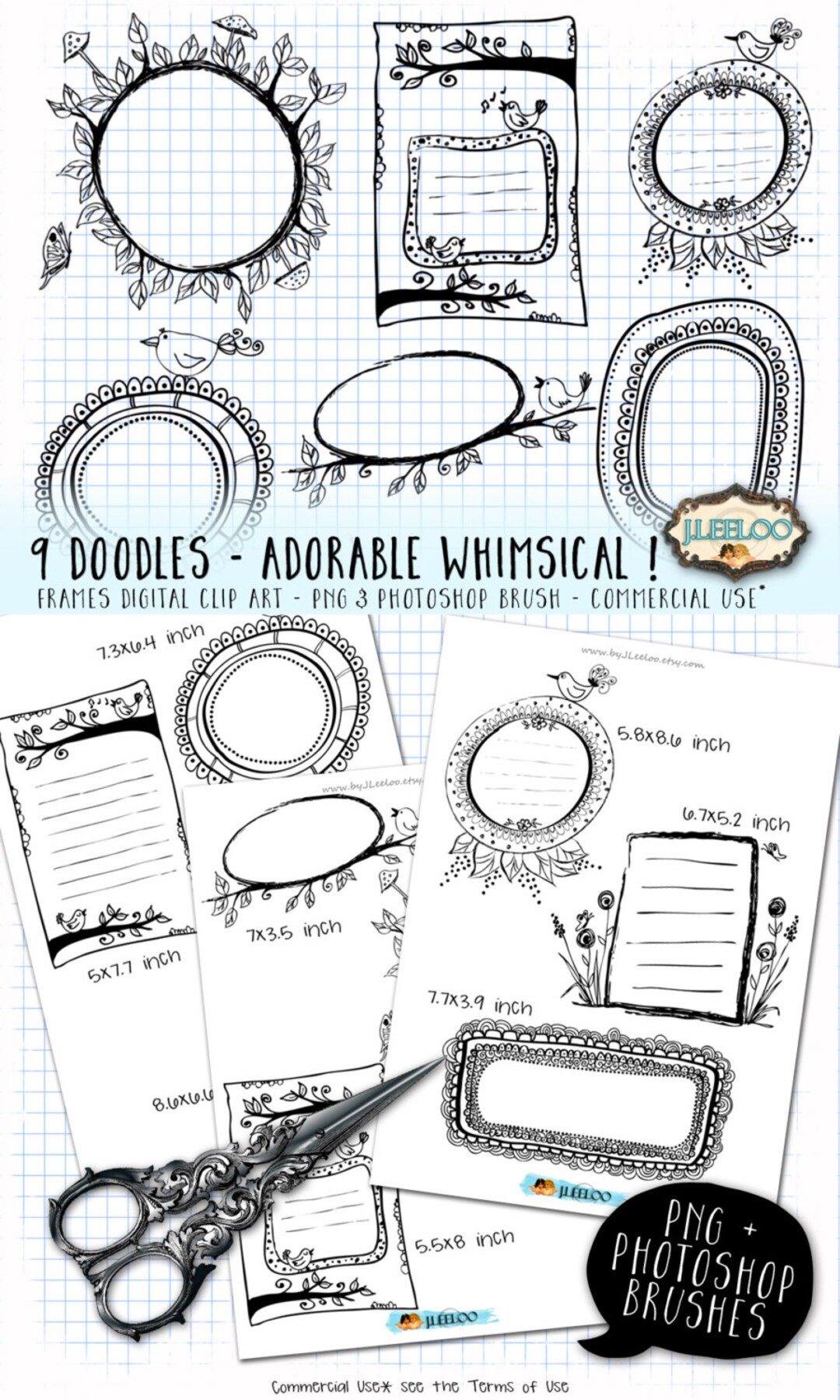 DOODLE FRAMES Digital Clip Art Printable Adorable Whimsical Commercial ...
