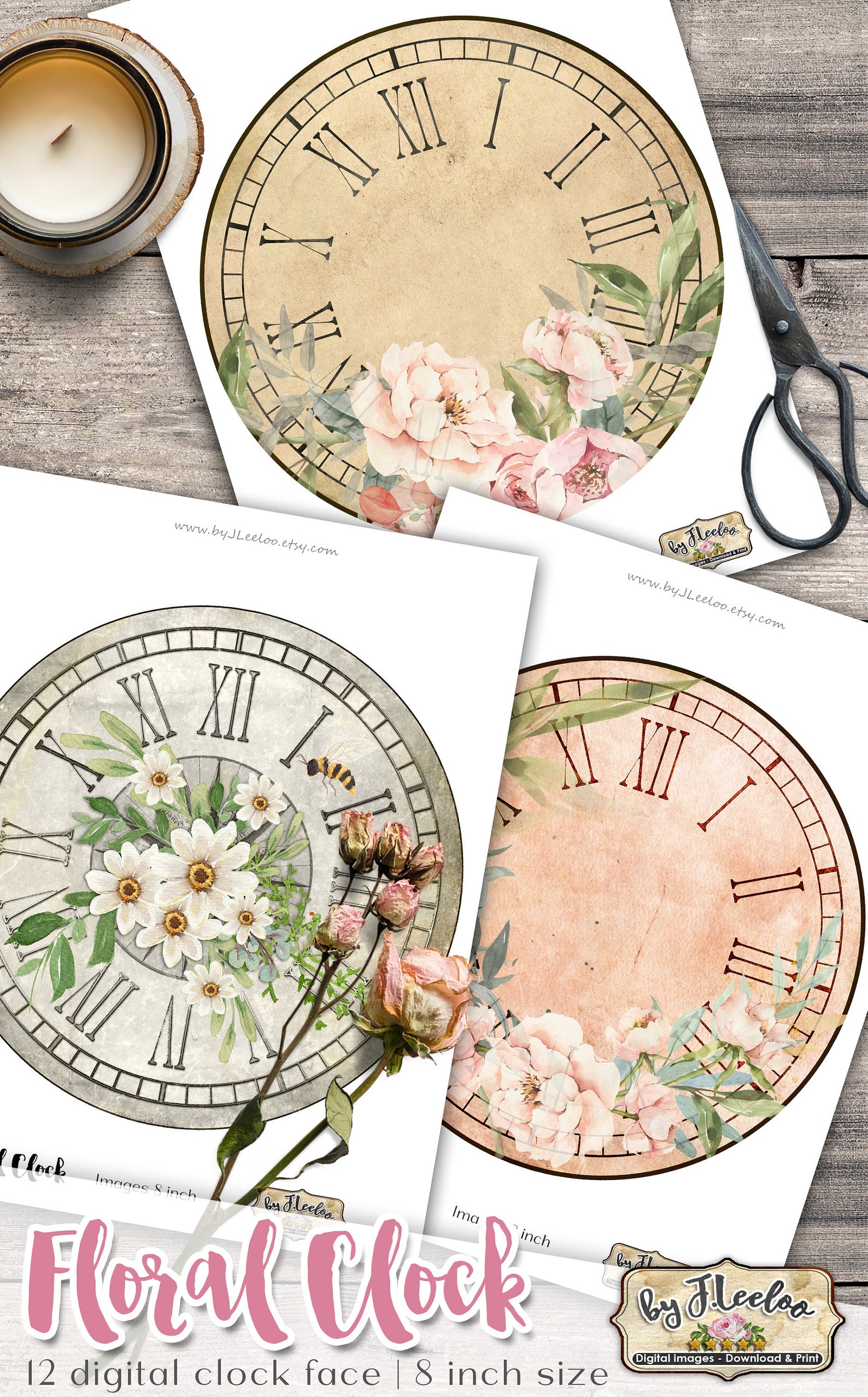 FLORAL CLOCK 8 Inch Circle Printable Clock Face Jpeg Clipart - Etsy