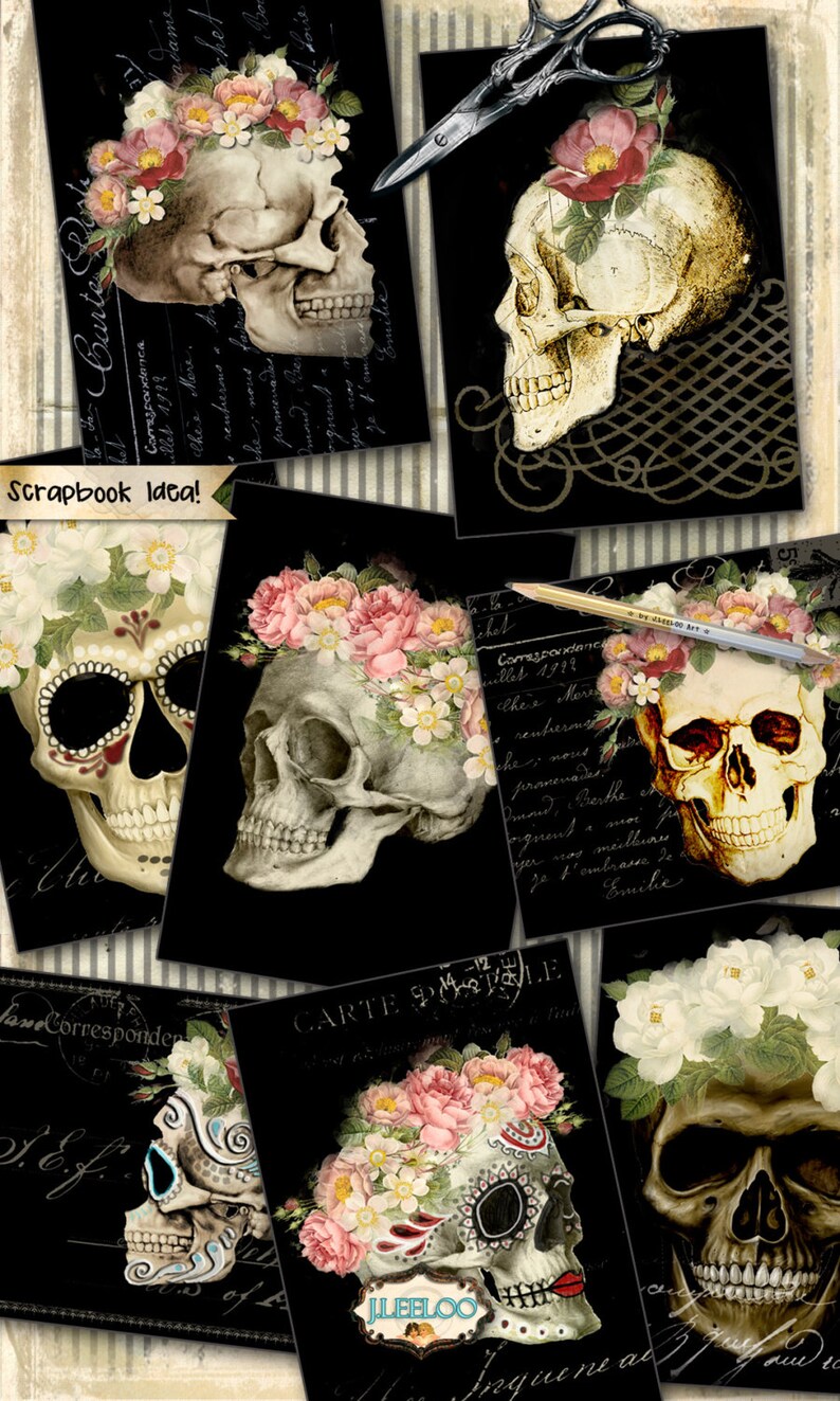 SKULL IN BLACK Printable Digital Collage Sheet Postcard Label | Etsy UK