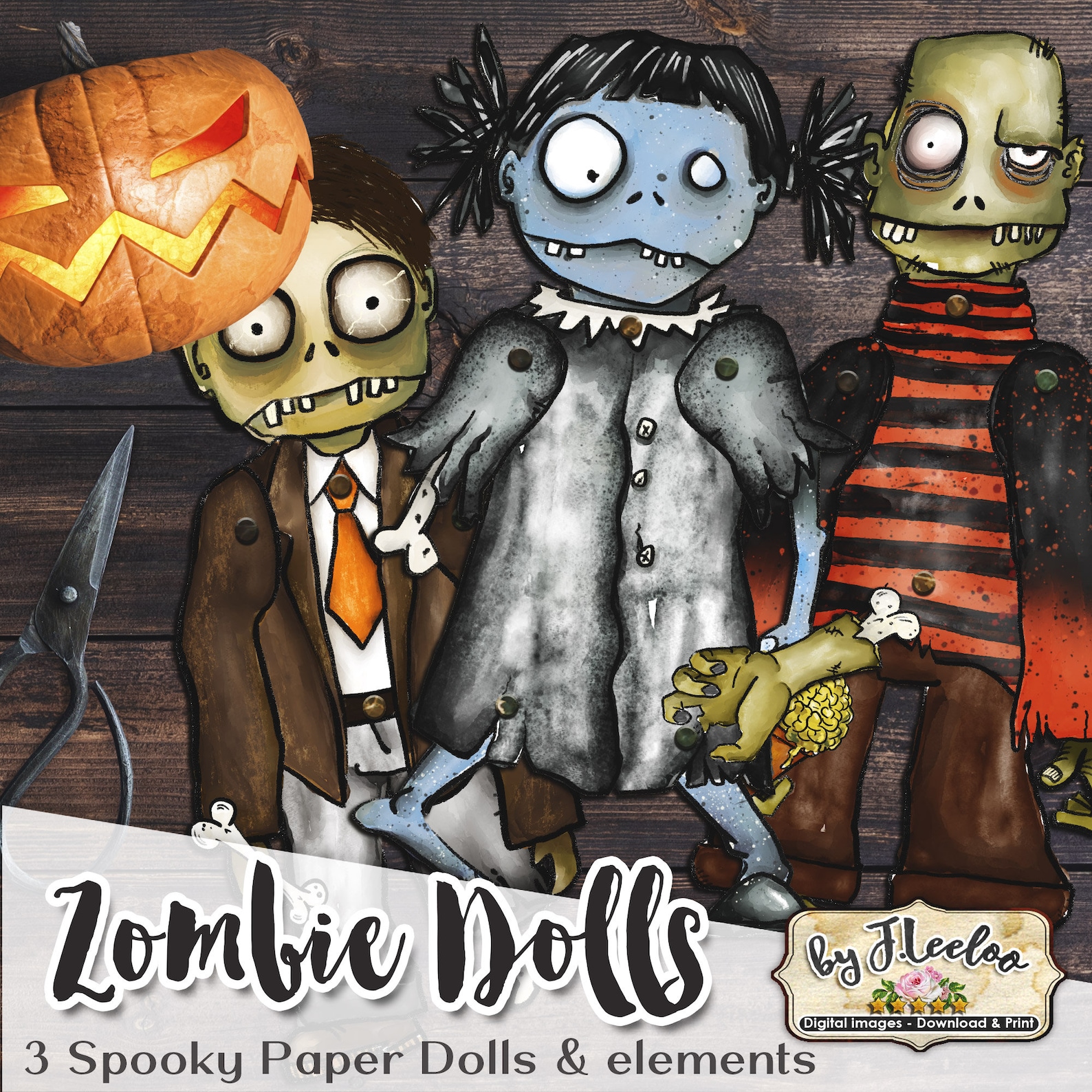 ZOMBIE DOLLS Halloween Hand Drawn Paper Doll Scary Digital Altered Art ...