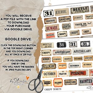 CREEPY TICKETS Printable Scary Halloween | Word Labels Vintage Stickers ...