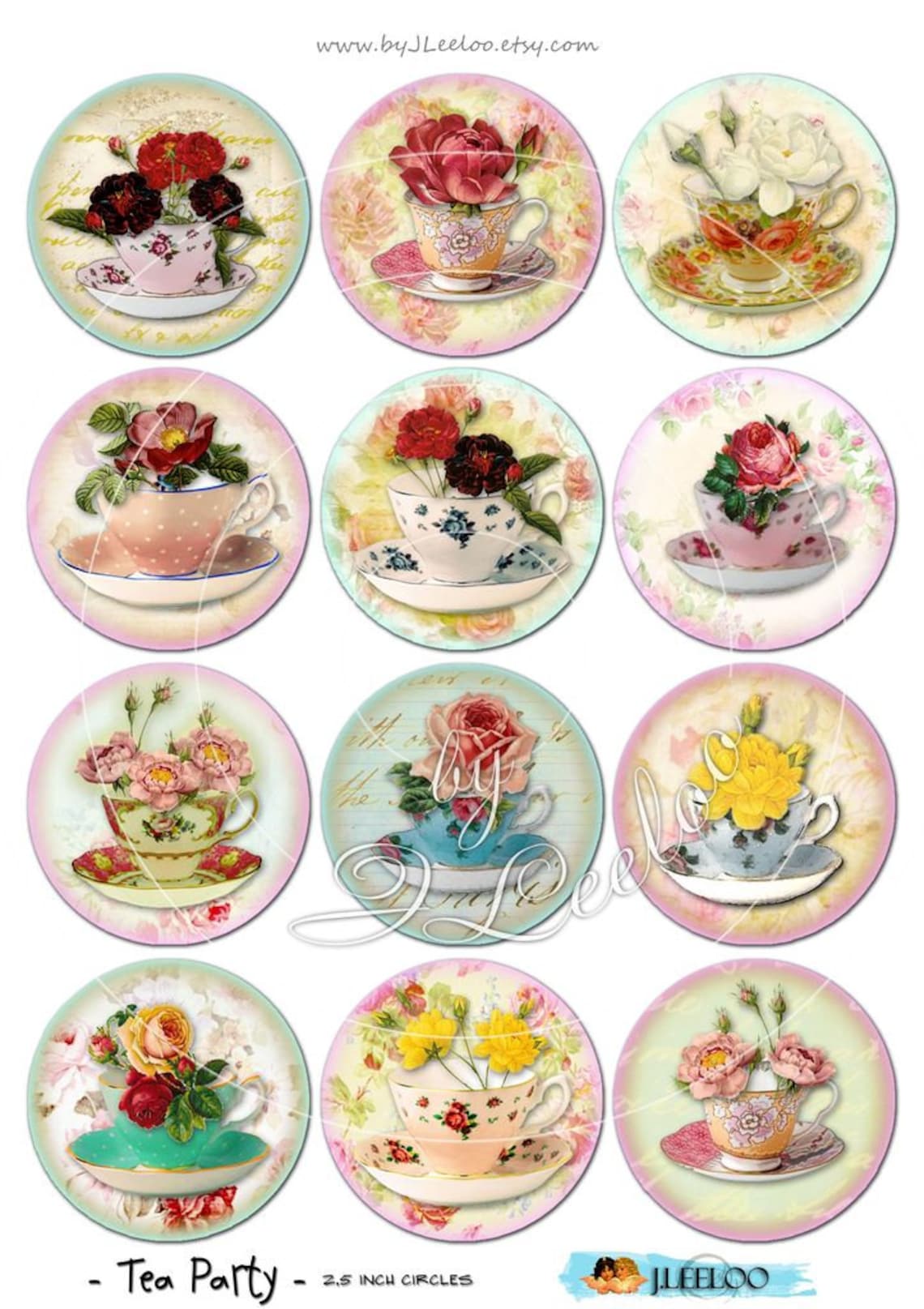 Digital Collages TEA PARTY 2.5 Inch Circle Tea Cup Sweet | Etsy
