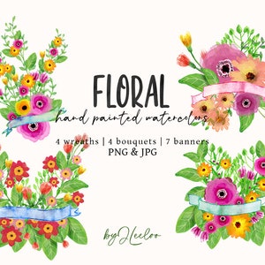 Digital Clipart WATERCOLORS Flowers Bouquets Wreaths Png Jpg for ...