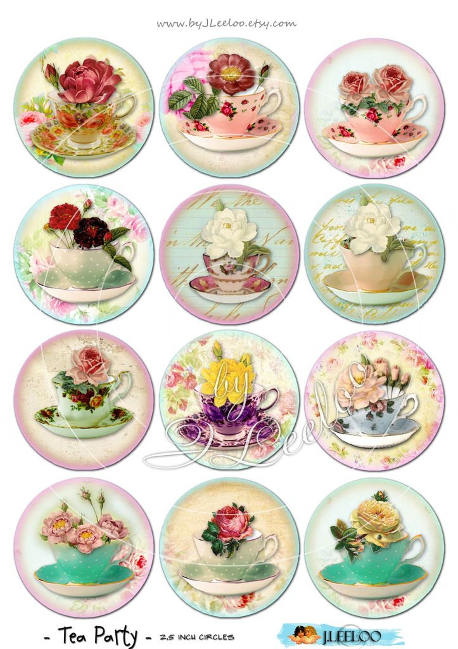 Digital Collages TEA PARTY 2.5 Inch Circle Tea Cup Sweet Delicious for ...
