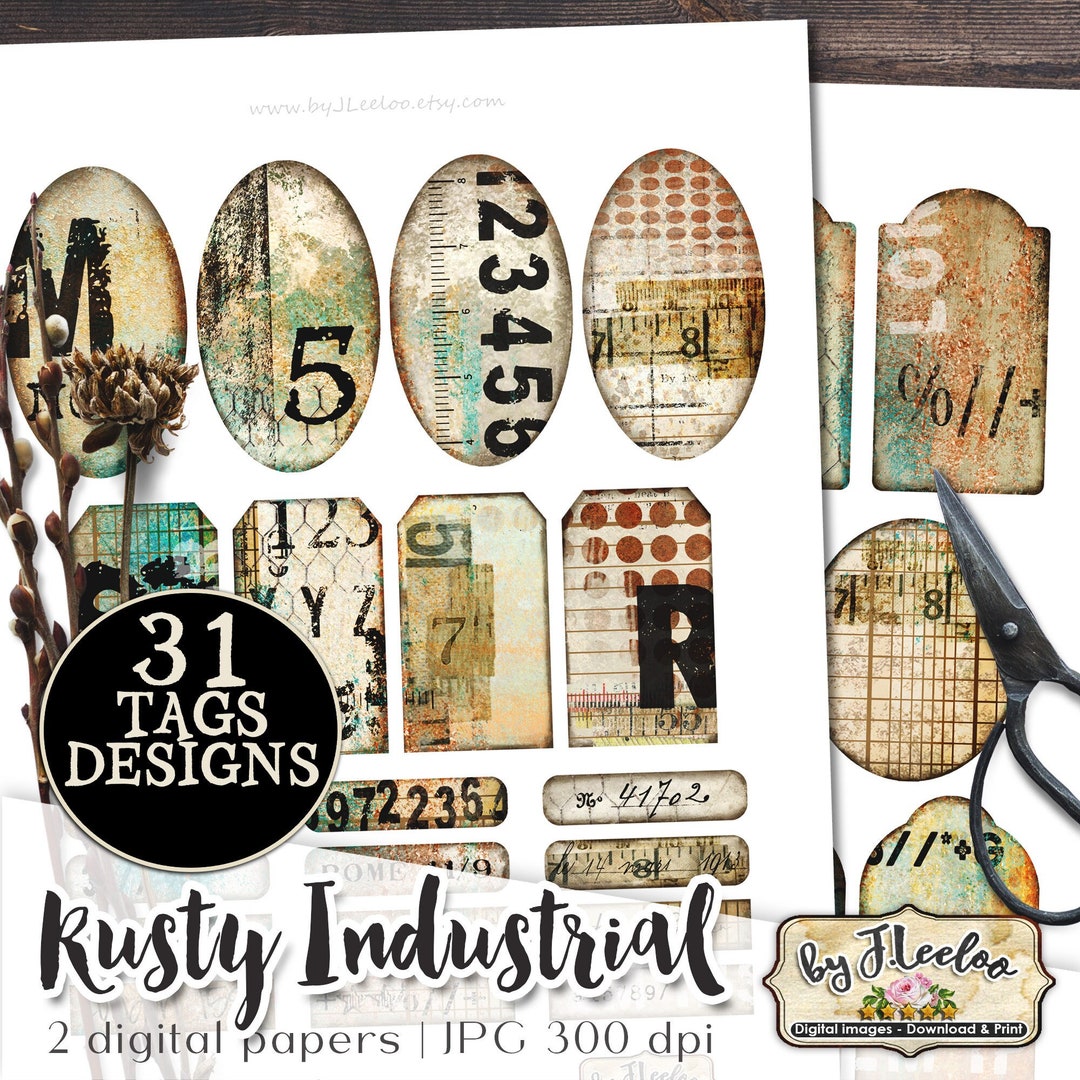 RUSTY INDUSTRIAL Tags Printable Steampunk Vintage Ephemera Junk Journal ...