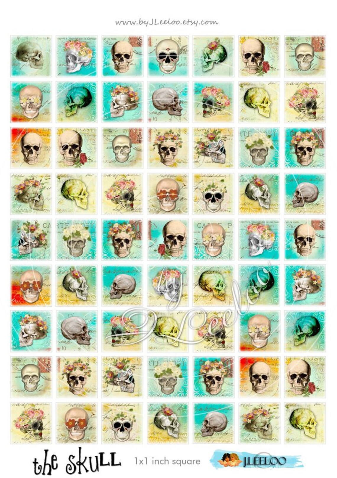 Digital Printable THE SKULL 1x1 Inch Square for Goth Scary Dia De Los ...