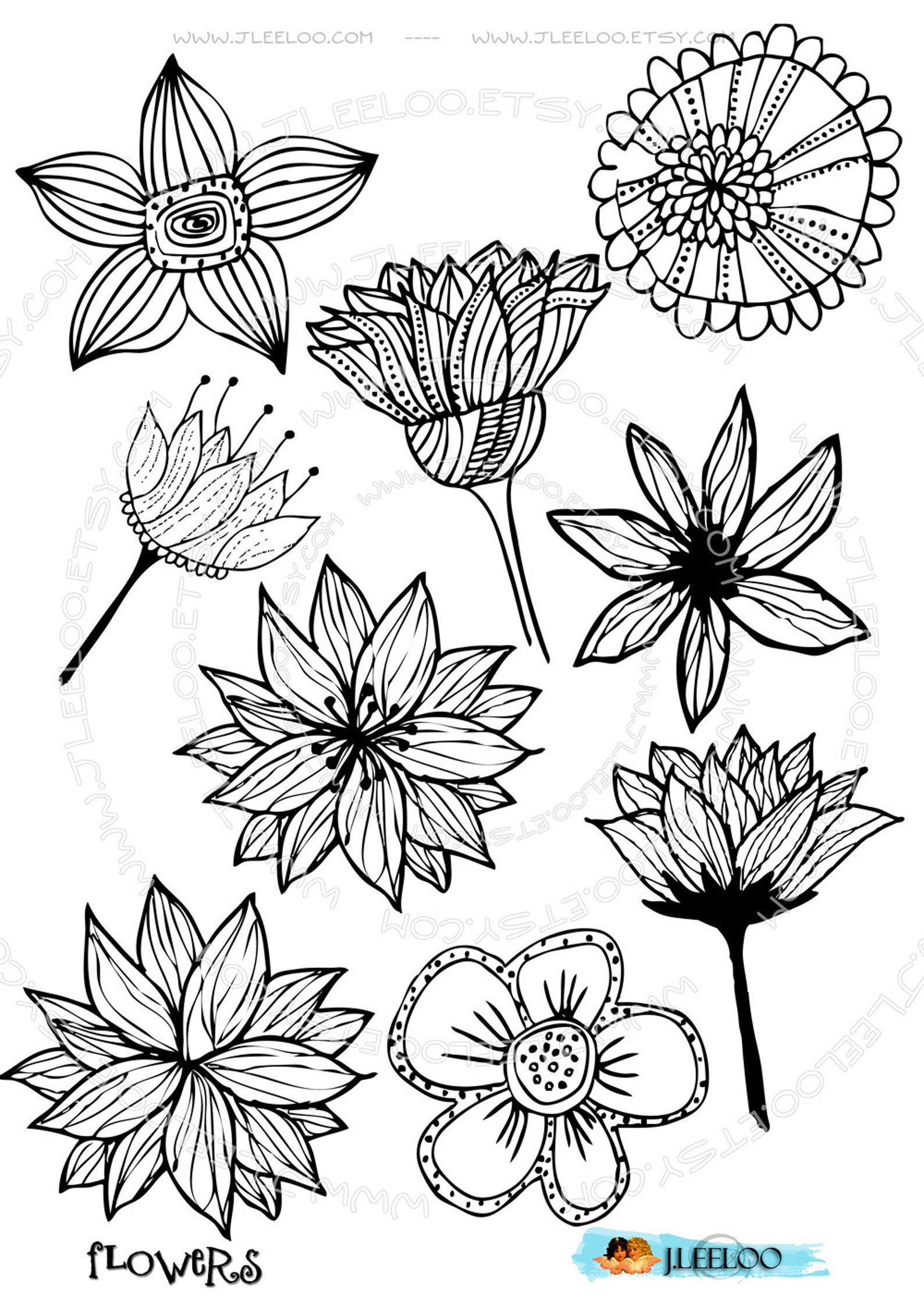 FLOWERS Digital Clip Art Doodle silhouette outline Hand-drawn | Etsy