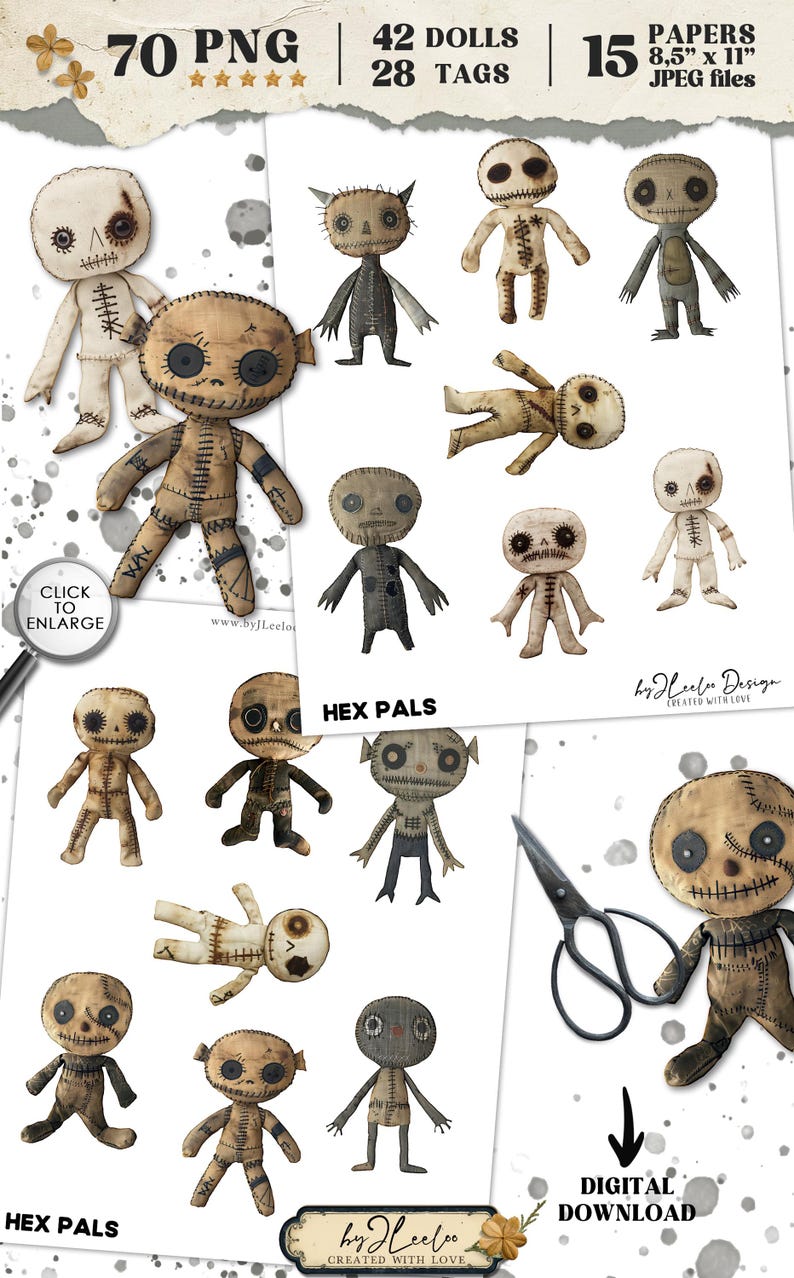 HEX PALS 14 Halloween Voodoo Dolls 3 Sizes | Halloween Monster Paper ...