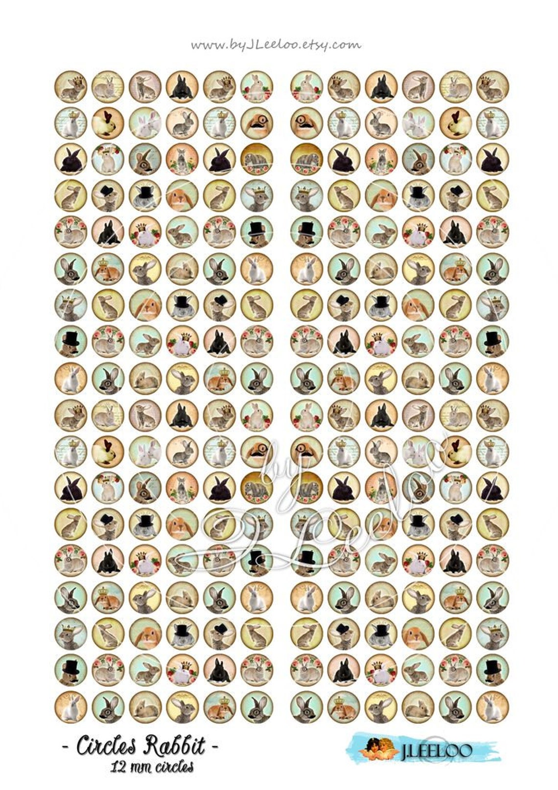 Digital Collage Sheet CIRCLES RABBIT 12mm Circle Images | Etsy