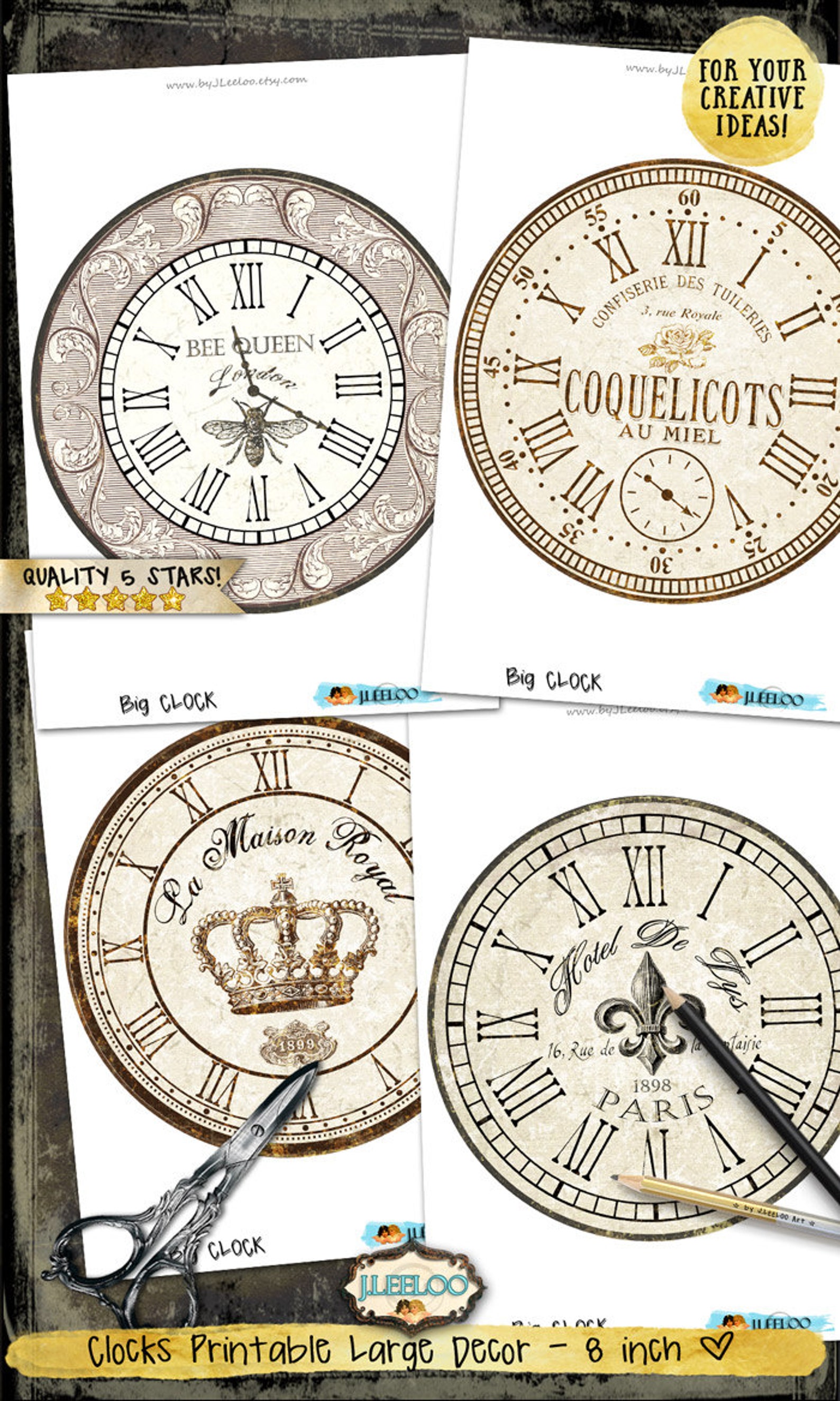 BIG CLOCK 8 Inch Circle Home Decor | Jpeg Clipart Vintage Chalkboard ...