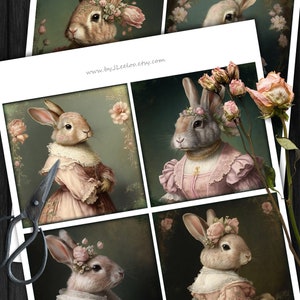 VICTORIAN BUNNIES 4x4 Inch Anthropomorphic in Pink Dress Rabbit for ...
