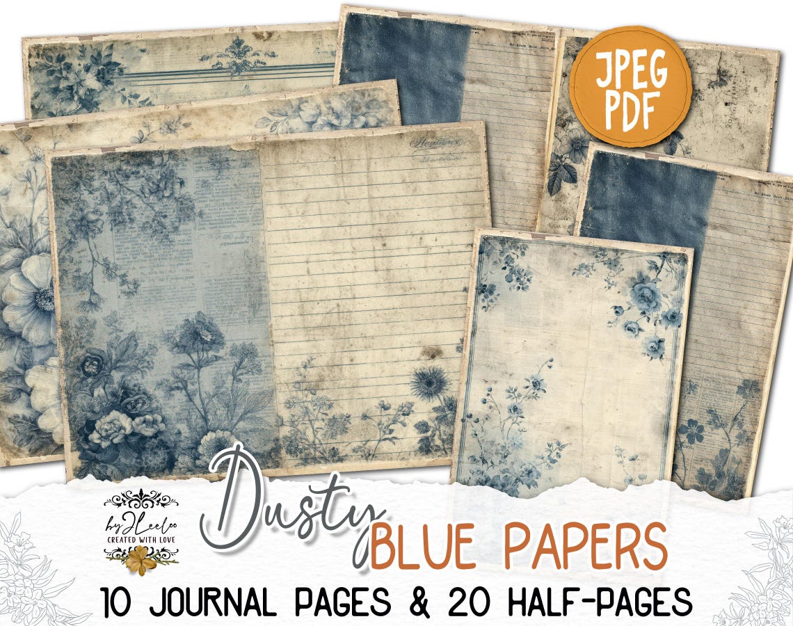 Dusty BLUE PAPERS Vintage Floral Grunge Pages & Half Pages, Printable ...