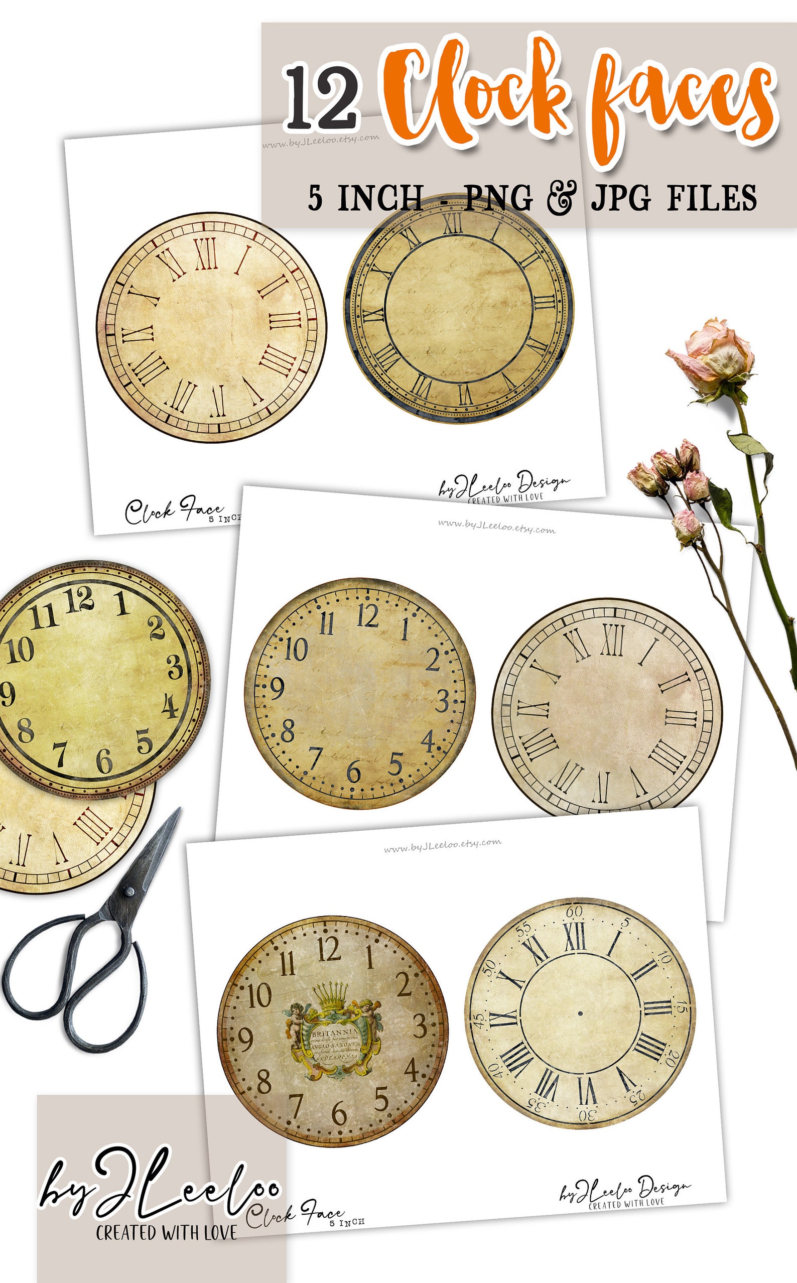 VINTAGE CLOCK 5 Inch Printable Clock Face | Jpeg Png Clipart Vintage ...
