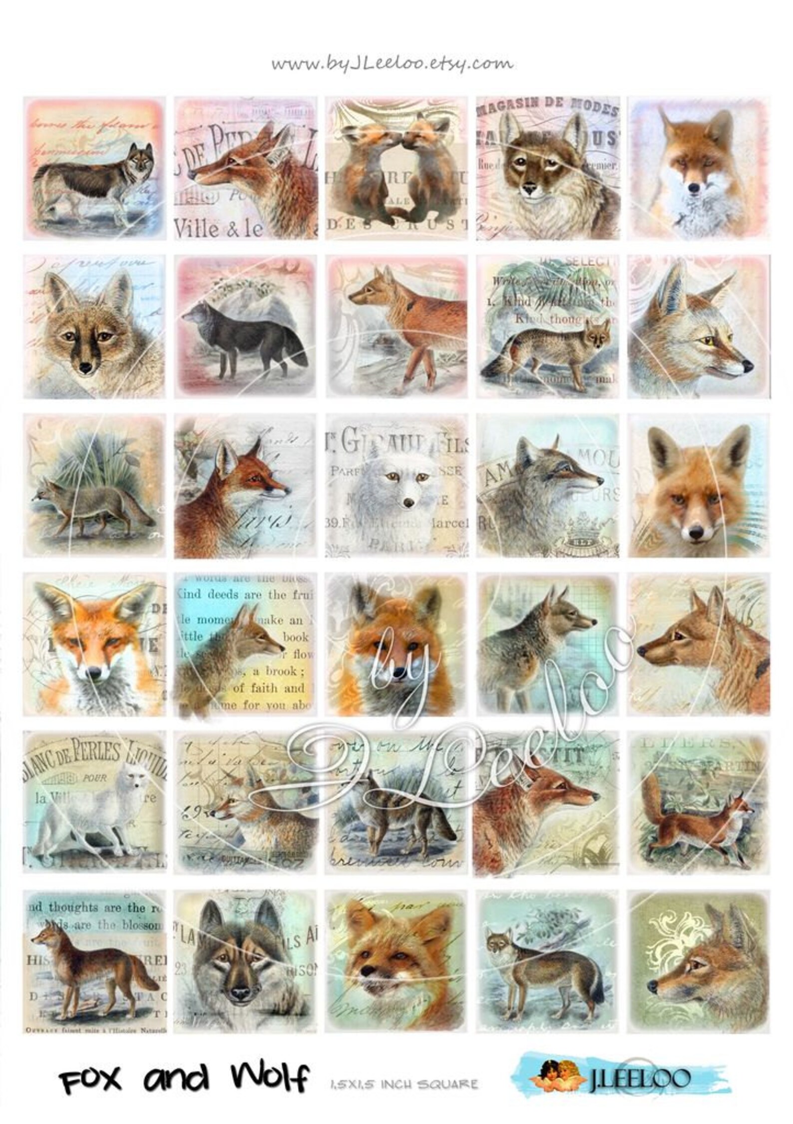 Digital Printable FOX AND WOLF 1.5 Inch Square Sheets Digital - Etsy