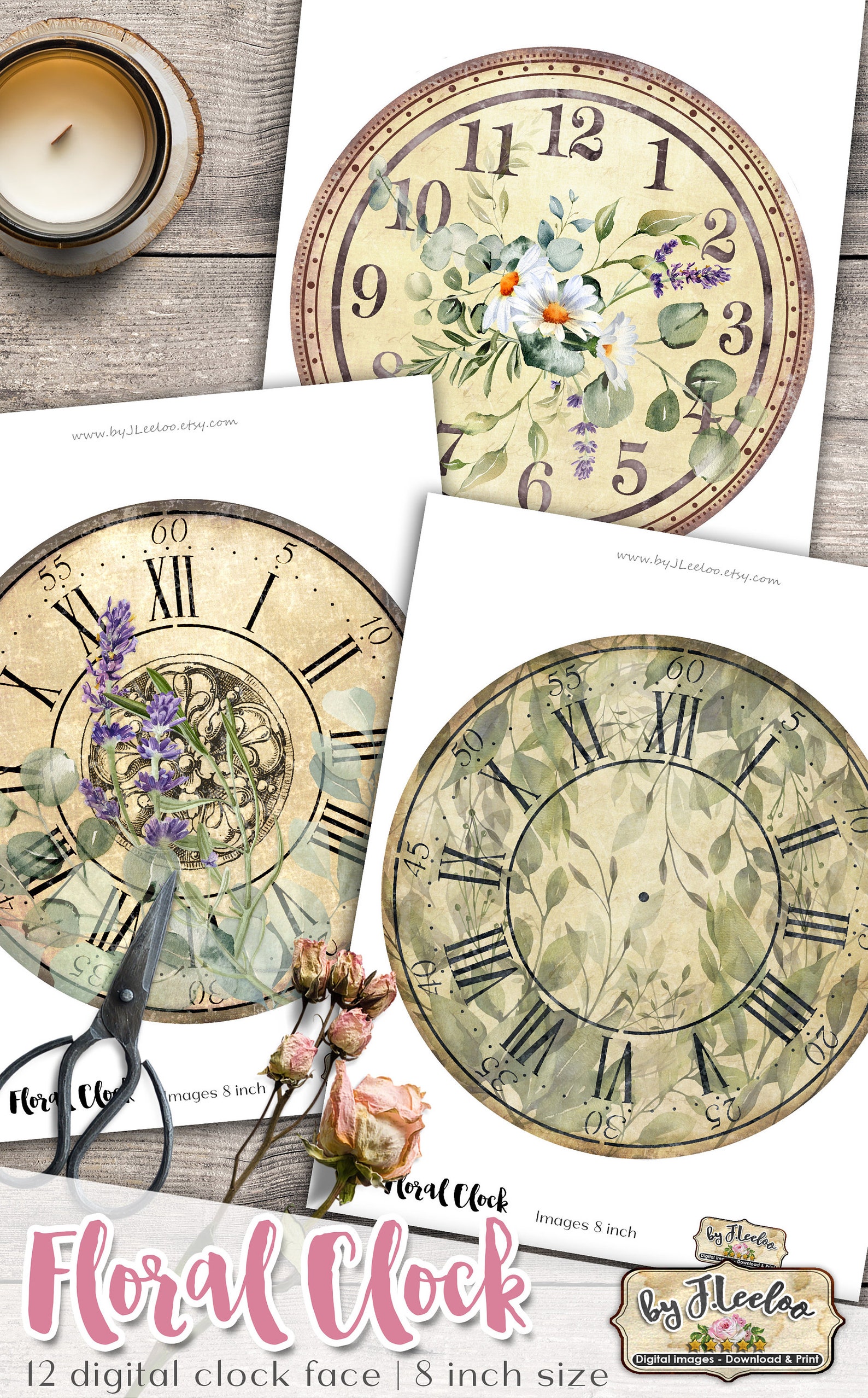 FLORAL CLOCK 8 Inch Circle Printable Clock Face Jpeg Clipart - Etsy