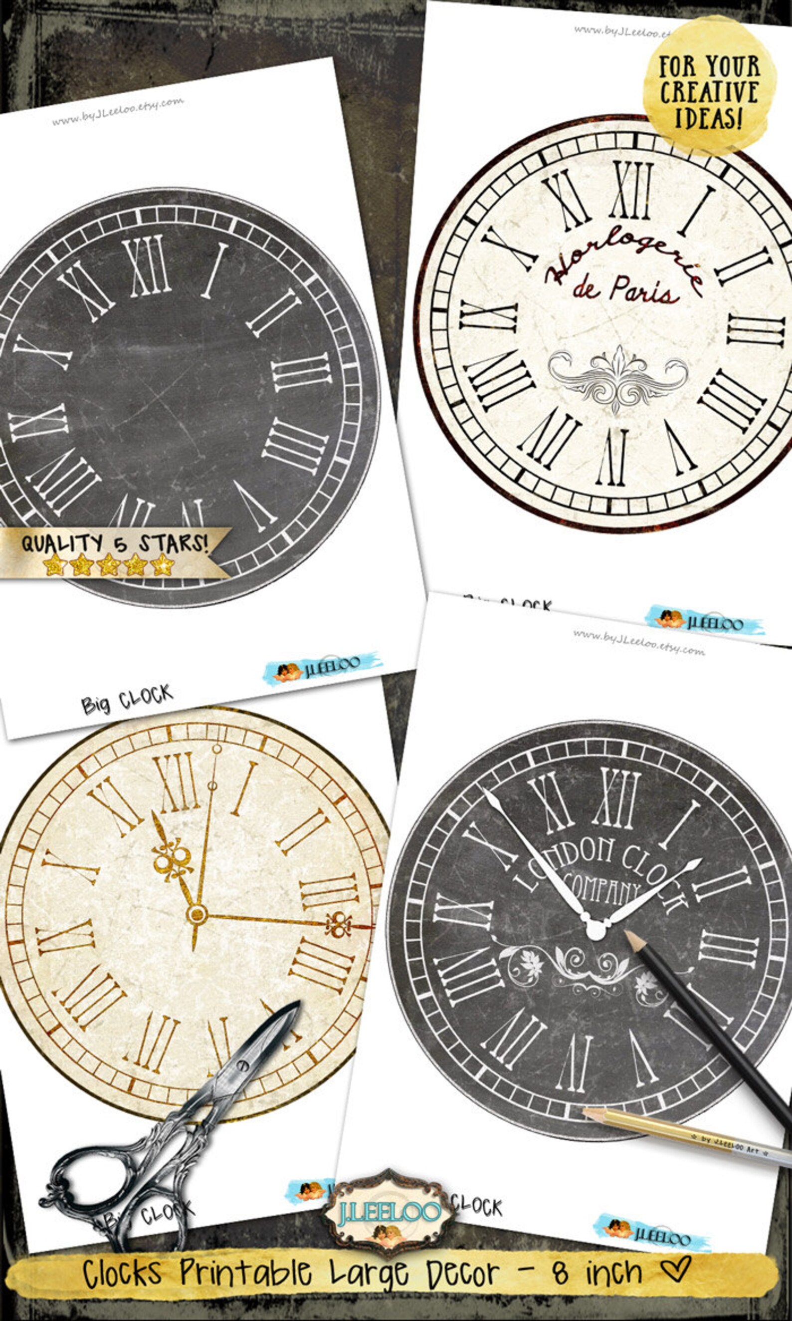 BIG CLOCK 8 Inch Circle Home Decor | Jpeg Clipart Vintage Chalkboard ...