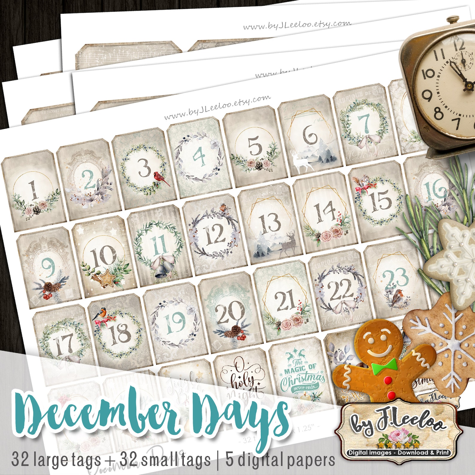 DECEMBER DAYS Tags Printable Vintage Christmas Calendar Daily Countdown ...