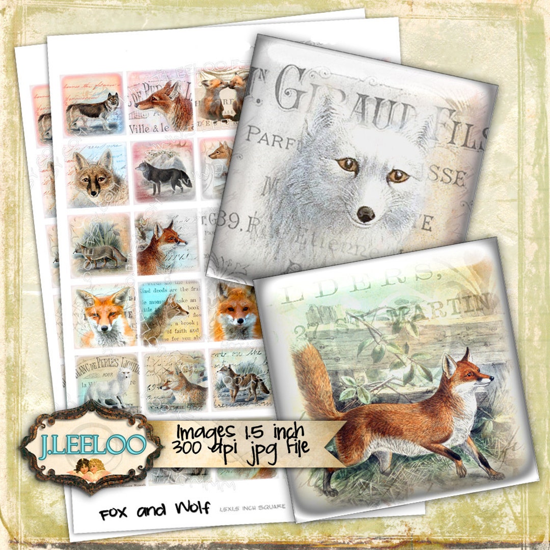 Digital Printable FOX AND WOLF 1.5 Inch Square Sheets Digital Images ...