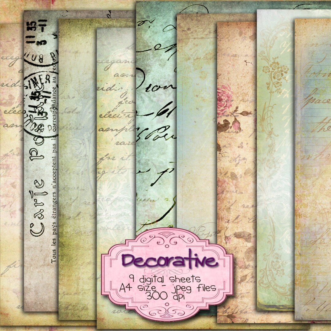 DECORATIVE 9 Large Handwriting Patterned Paper Digital Collage Sheets ...