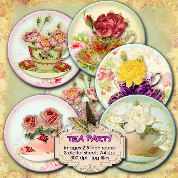 Digital Collages TEA PARTY 2.5 Inch Circle Tea Cup Sweet | Etsy