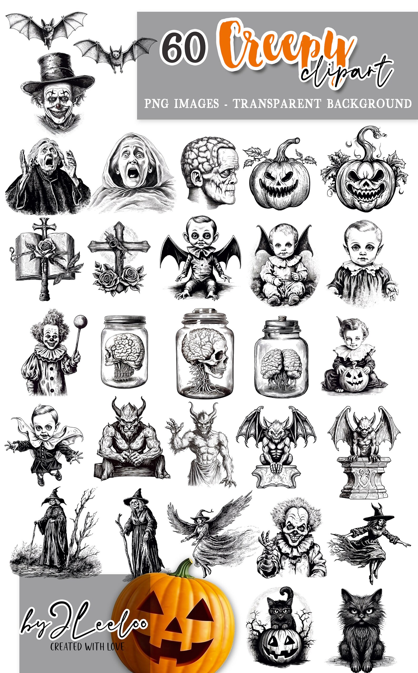 CREEPY CLIPART Set 3 | Printable Gothic Designs for Halloween Party ...
