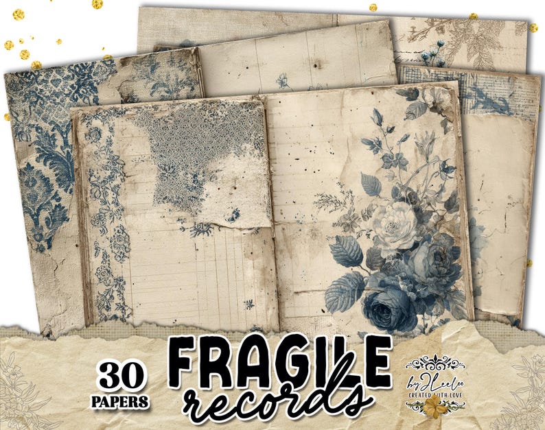 FRAGILE RECORDS Vintage Junk Journal Double Page Papers, Faded Archival ...