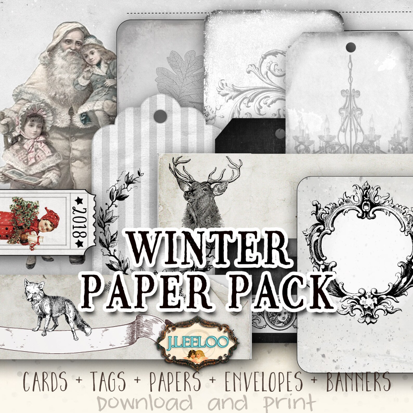 WINTER PAPER PACK Vintage Holidays Digital Collage Sheet Black - Etsy