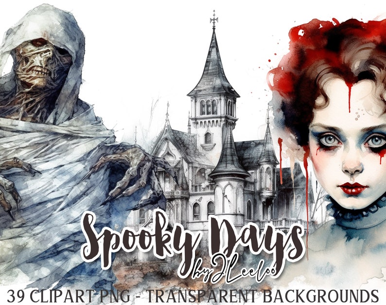 SPOOKY DAYS 39 Png Watercolor Clipart | Horror Scrapbook Junk Journal ...