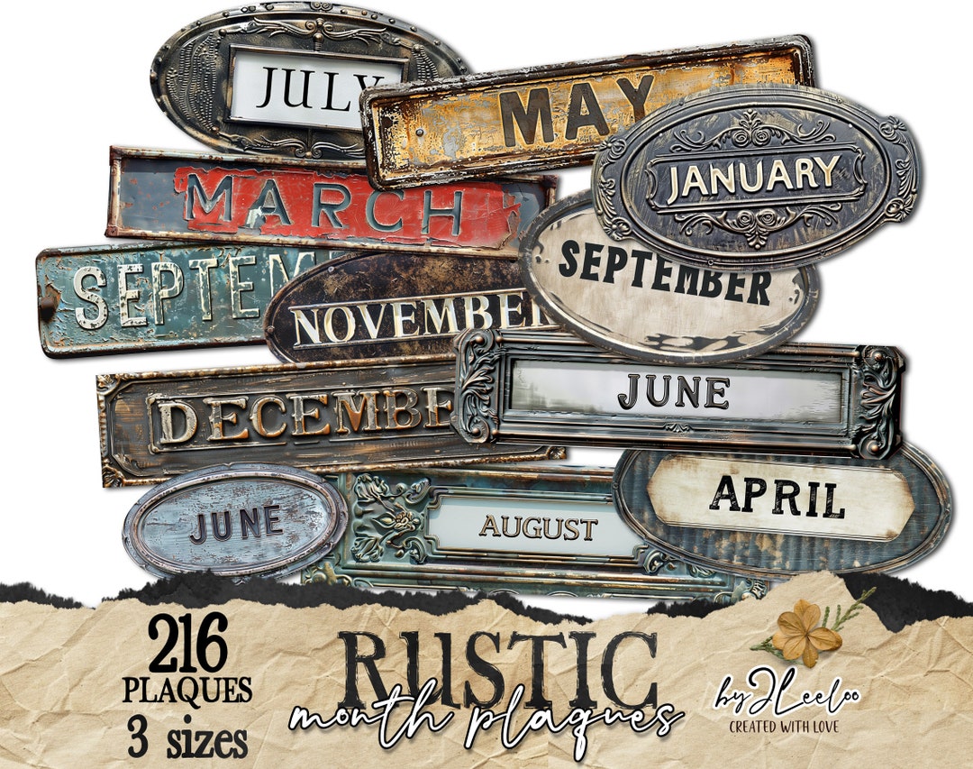 RUSTIC MONTH Plaques Vintage Labels 216 PNG | Metal Victorian Grunge ...