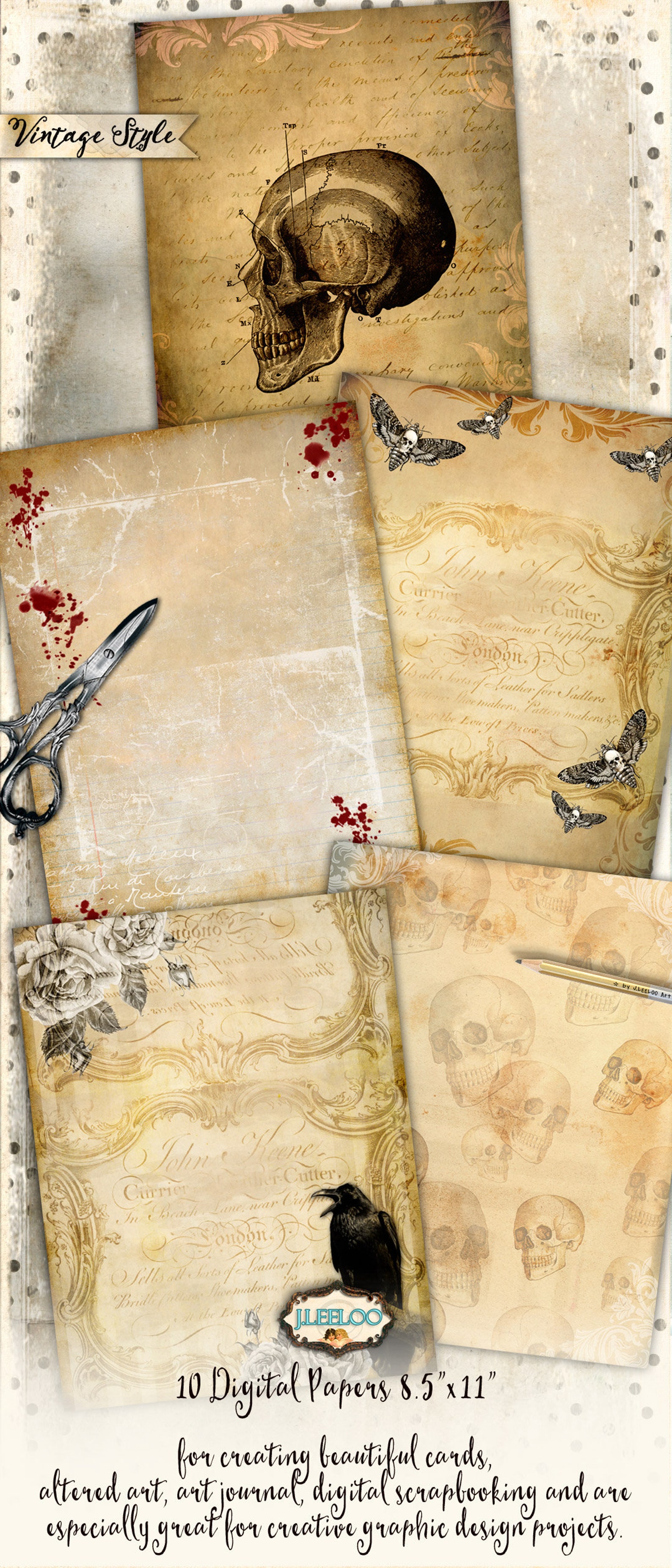 HALLOWEEN PAPERS Large 8.5x11 Inch Papers Gothic Distressed Scrapbook ...