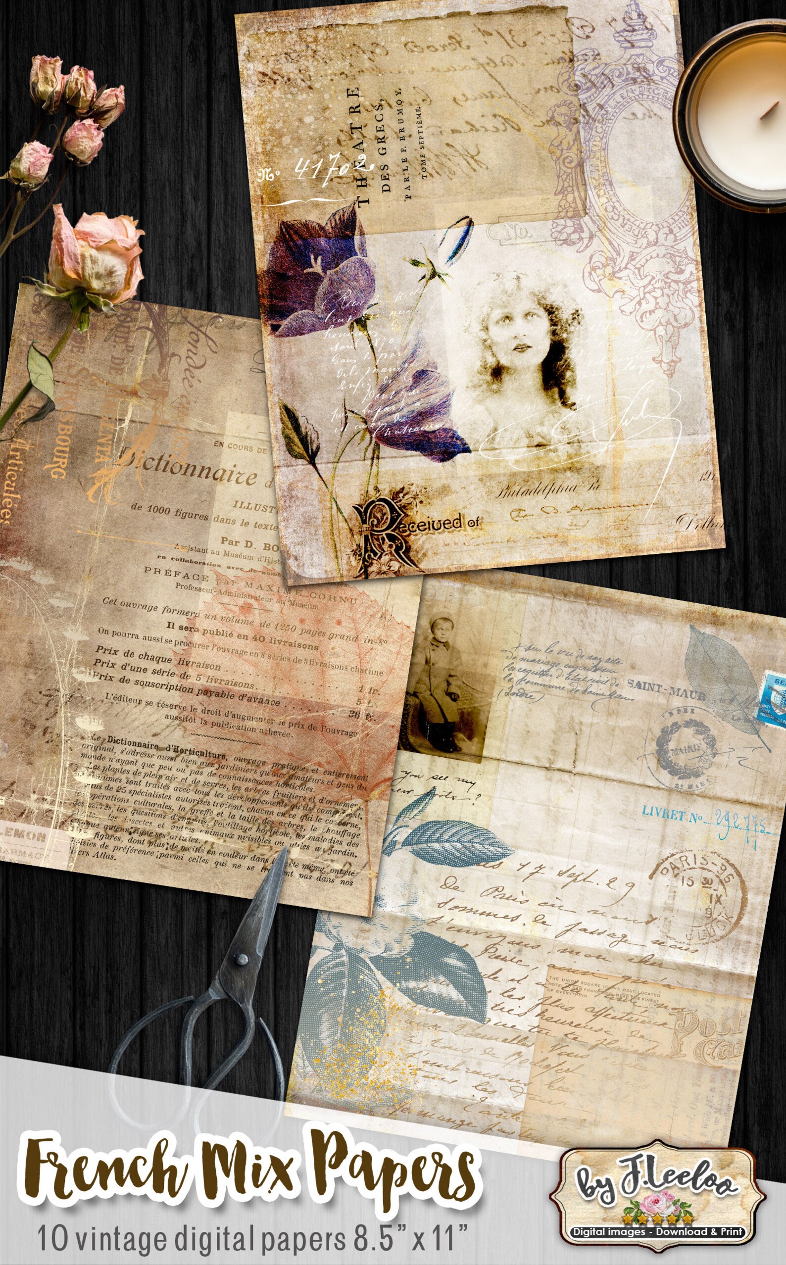 FRENCH MIX PAPERS Digital Shabby Journal Book Paris Flower | Etsy