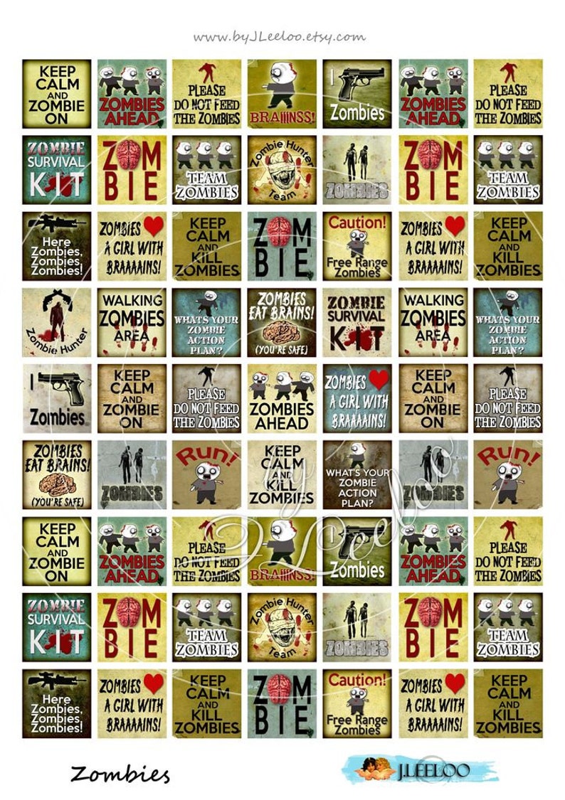 Digital Collage ZOMBIES 1x1 Inch Square Printable Apocalypse Scary ...