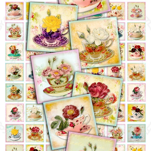 Digital Collage TEA PARTY 1x1 Inch Square Drink Tea Cup Rose - Etsy