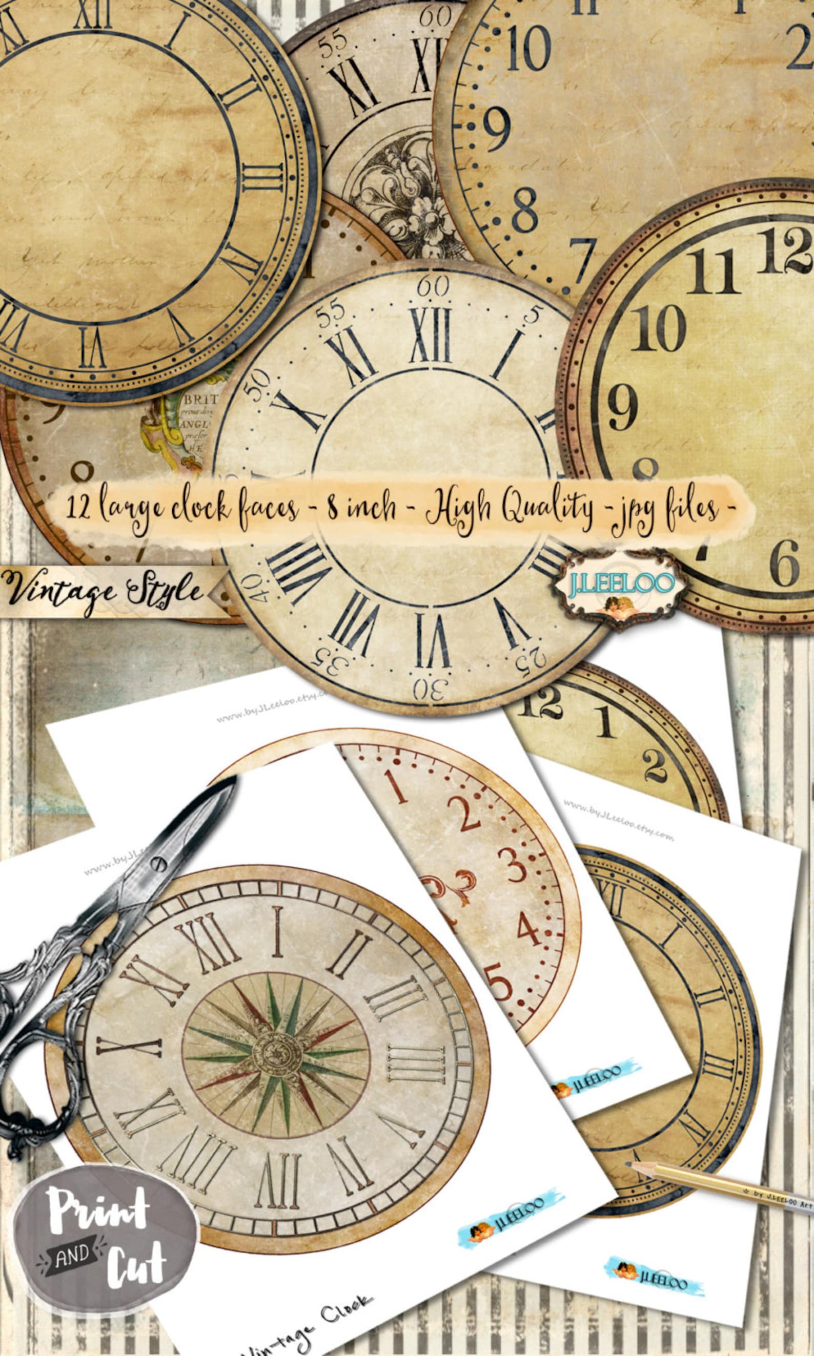 VINTAGE CLOCK 8 Inch Circle Printable Clock Face Jpeg Clipart Vintage ...