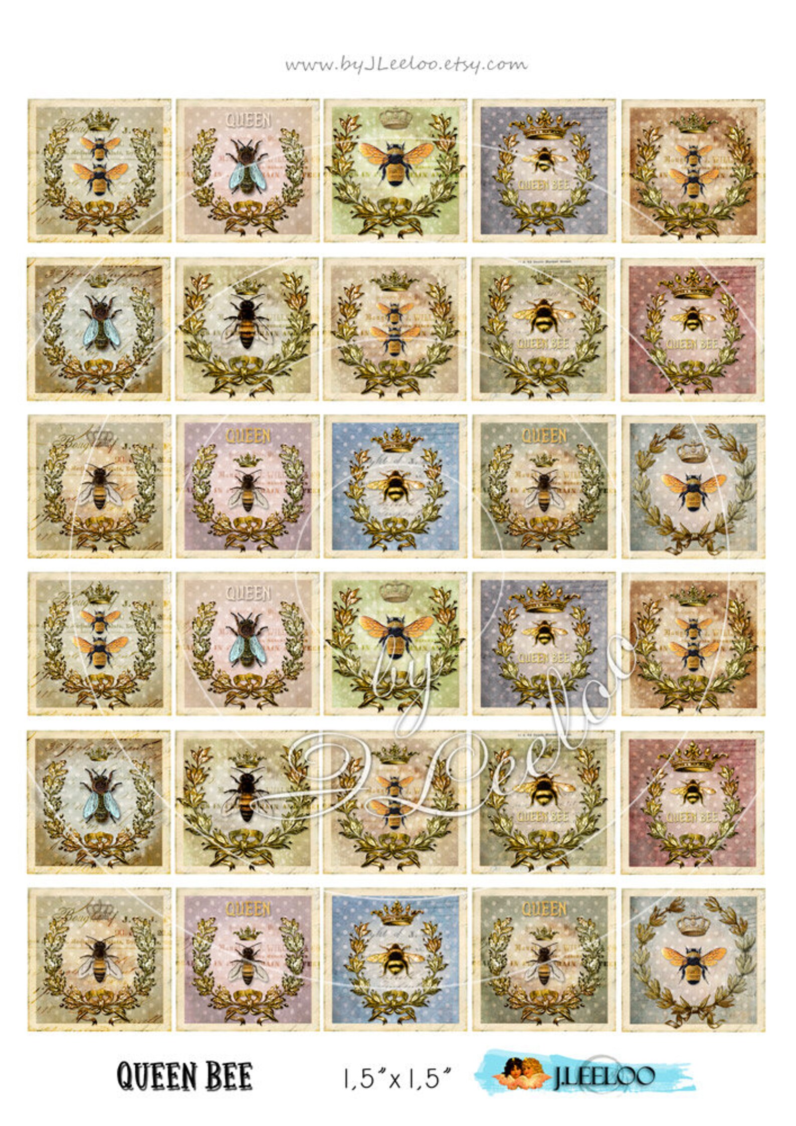 QUEEN BEE Printable Sheets 1.5 Inch Square Digital Images French Paper ...