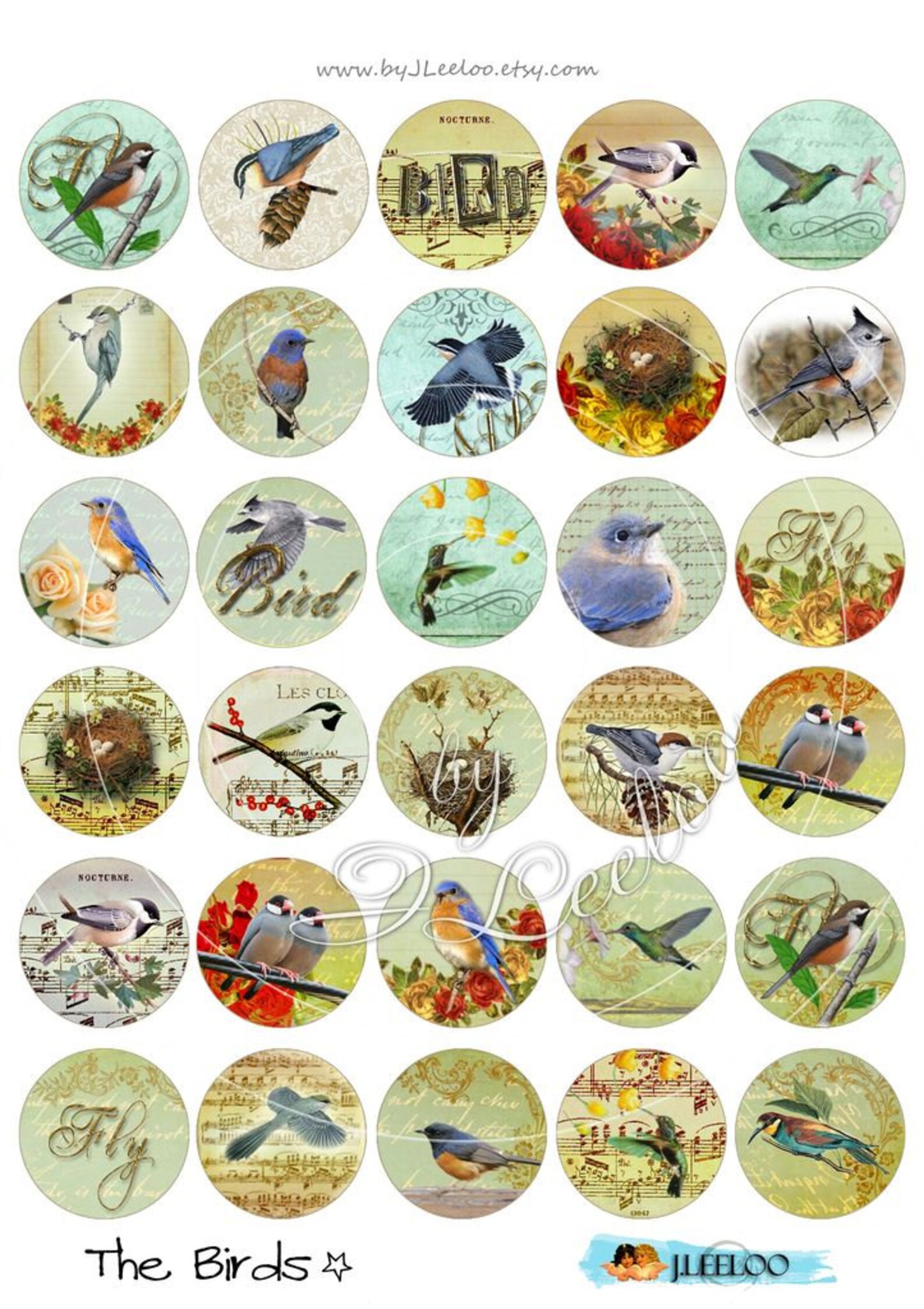 Digital Printable THE BIRDS 1.5 Inch Circle Sheets Nest Eggs | Etsy