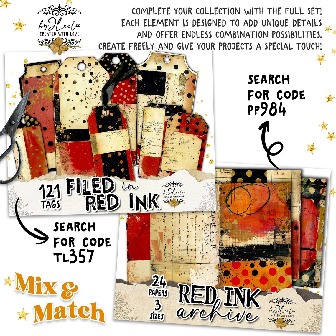 RED INK ARCHIVE – 24 Vintage Abstract Collage Papers in 3 Sizes | Red ...